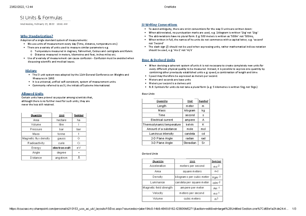 SI Units & Formula - 23/02/2022, 12:44 OneNote - Studocu