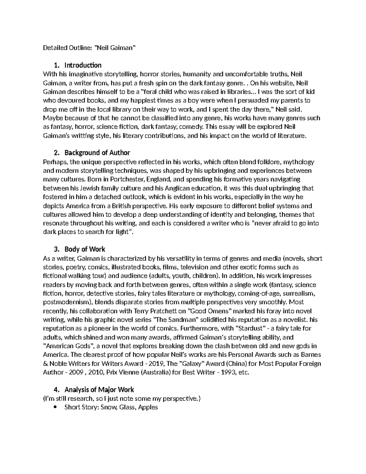 1302 Detailed Outline Neil Gaiman - Detailed Outline: "Neil Gaiman" 1 ...