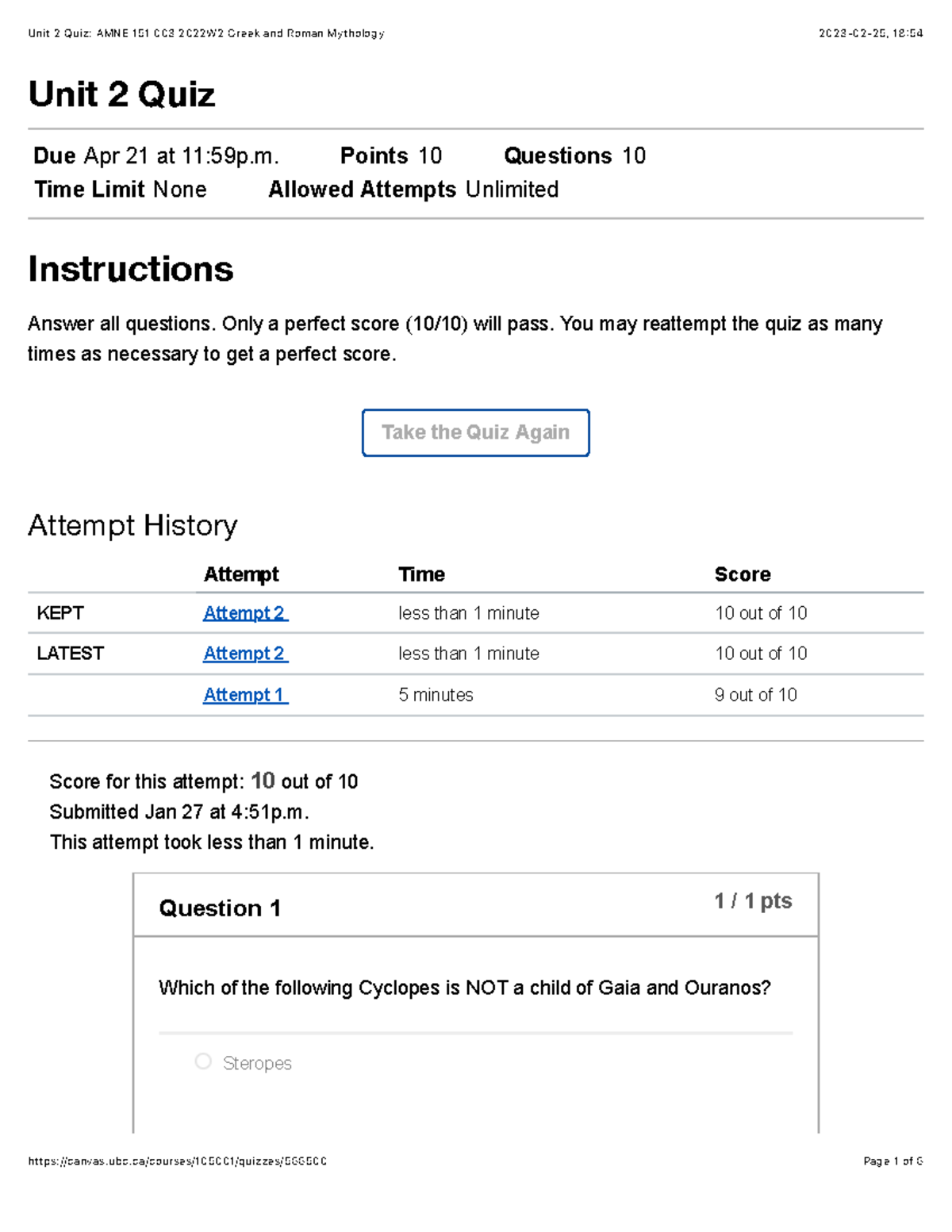 Unit 2 Quiz - Zeus and his Dysfunctional Family - Unit 2 Quiz Due Apr ...