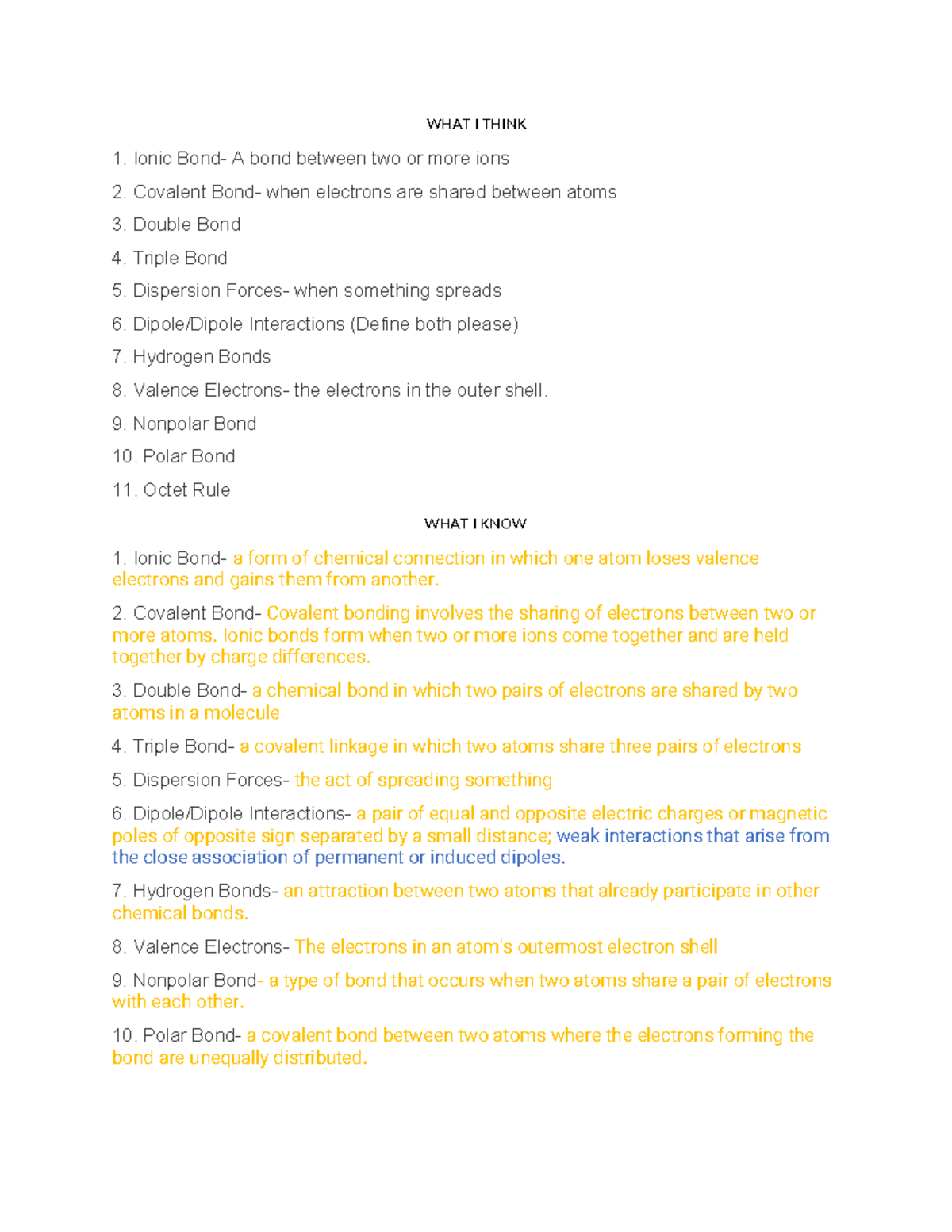 Chemical Bonding Vocab - WHAT I THINK Ionic Bond- A bond between two or ...