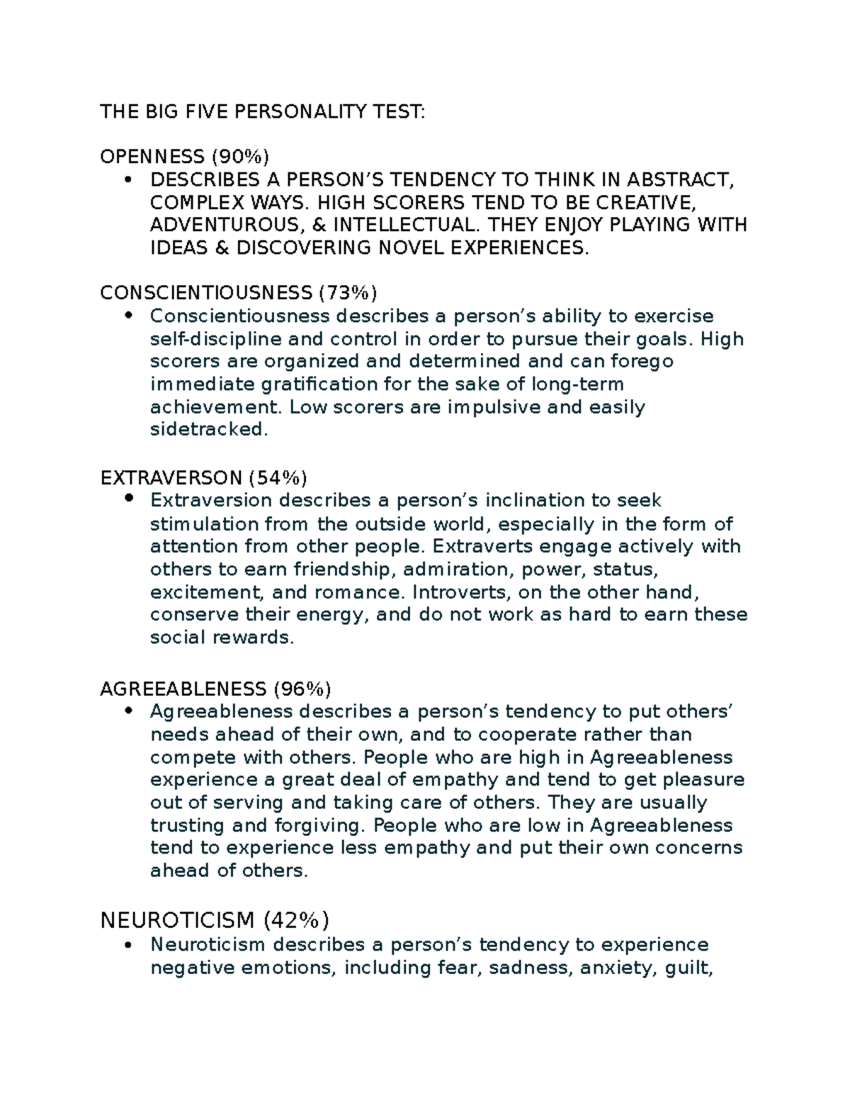 THE BIG FIVE Personality TEST - THE BIG FIVE PERSONALITY TEST: OPENNESS ...