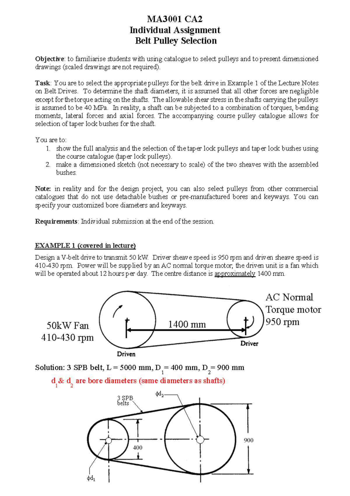 MA3001 CA2 Belt Pulley Selection July 2023 - Objective: to familiarise students with using ...