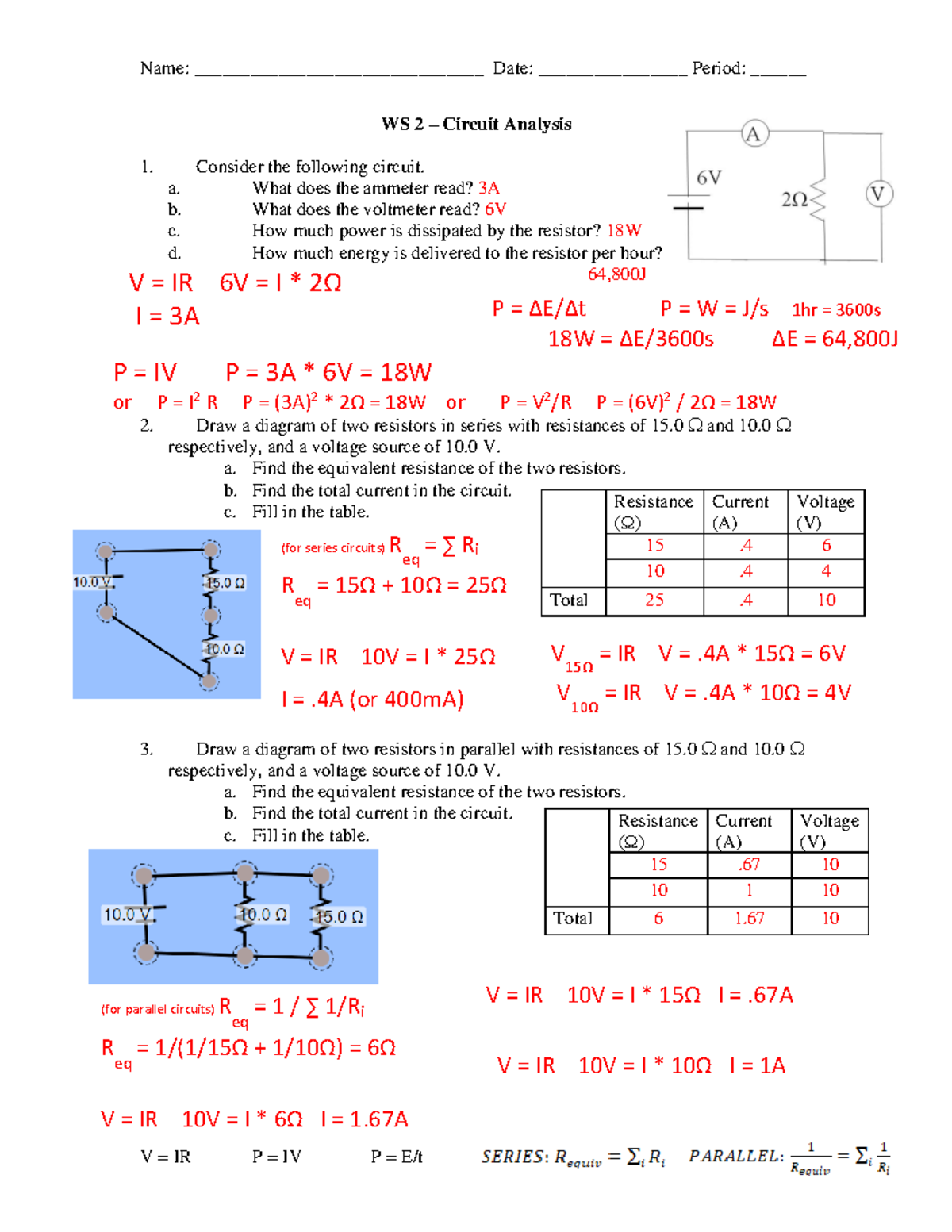 Worksheet 2 - Series and parallel circuits answers - Name