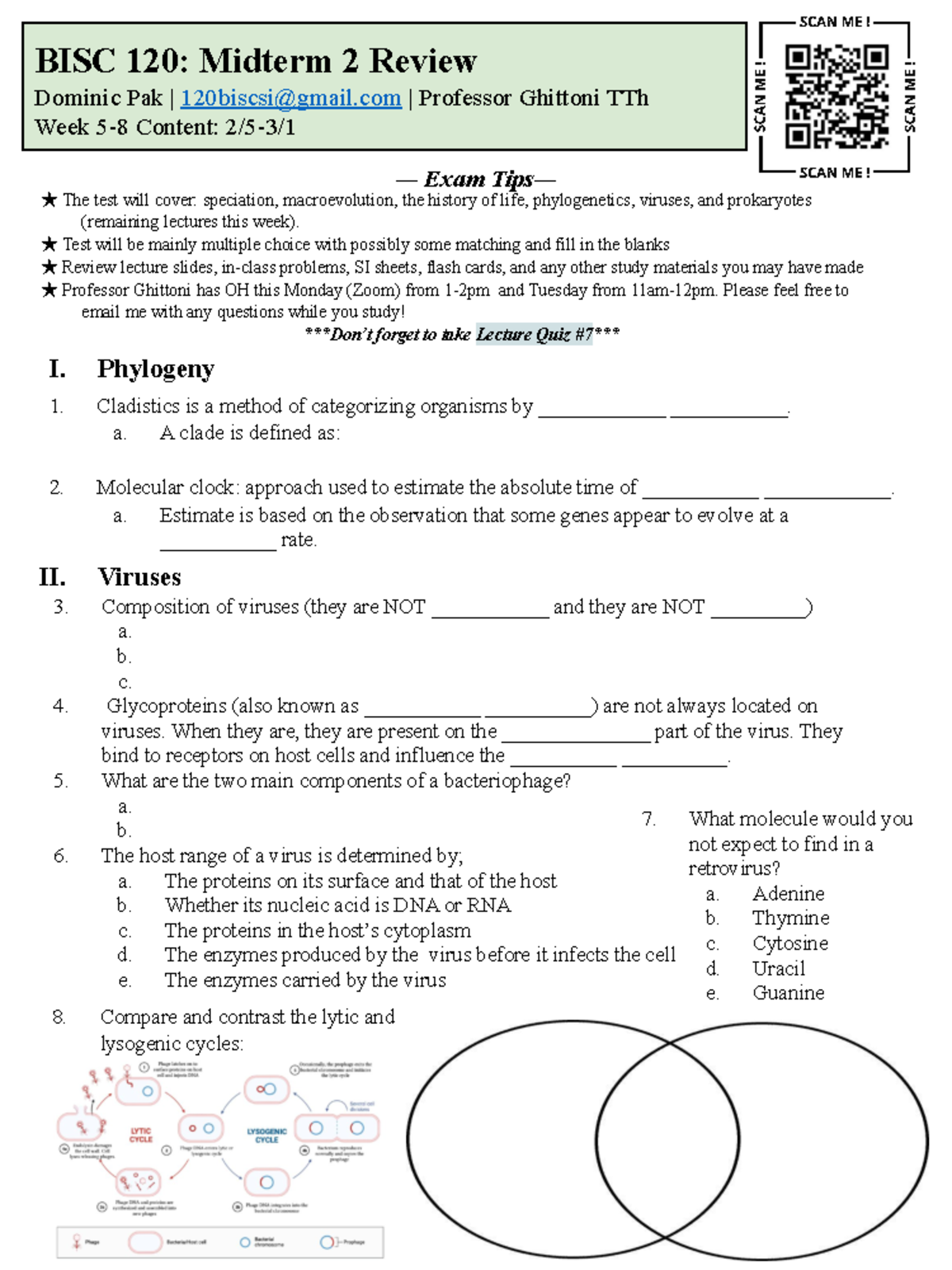 Exam 2 Review SI SHEET - BISC 120: Midterm 2 Review Dominic Pak ...