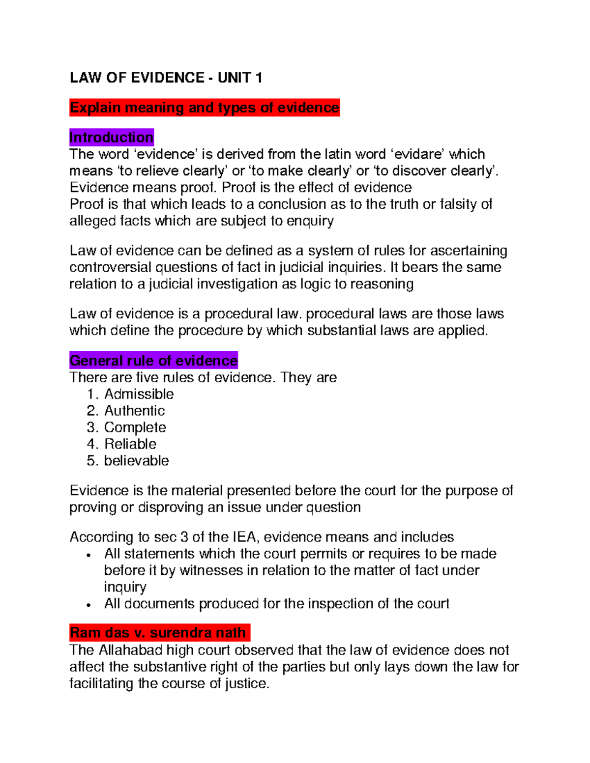 LAW OF Evidence unit 1 - LAW OF EVIDENCE - UNIT 1 Explain meaning and ...