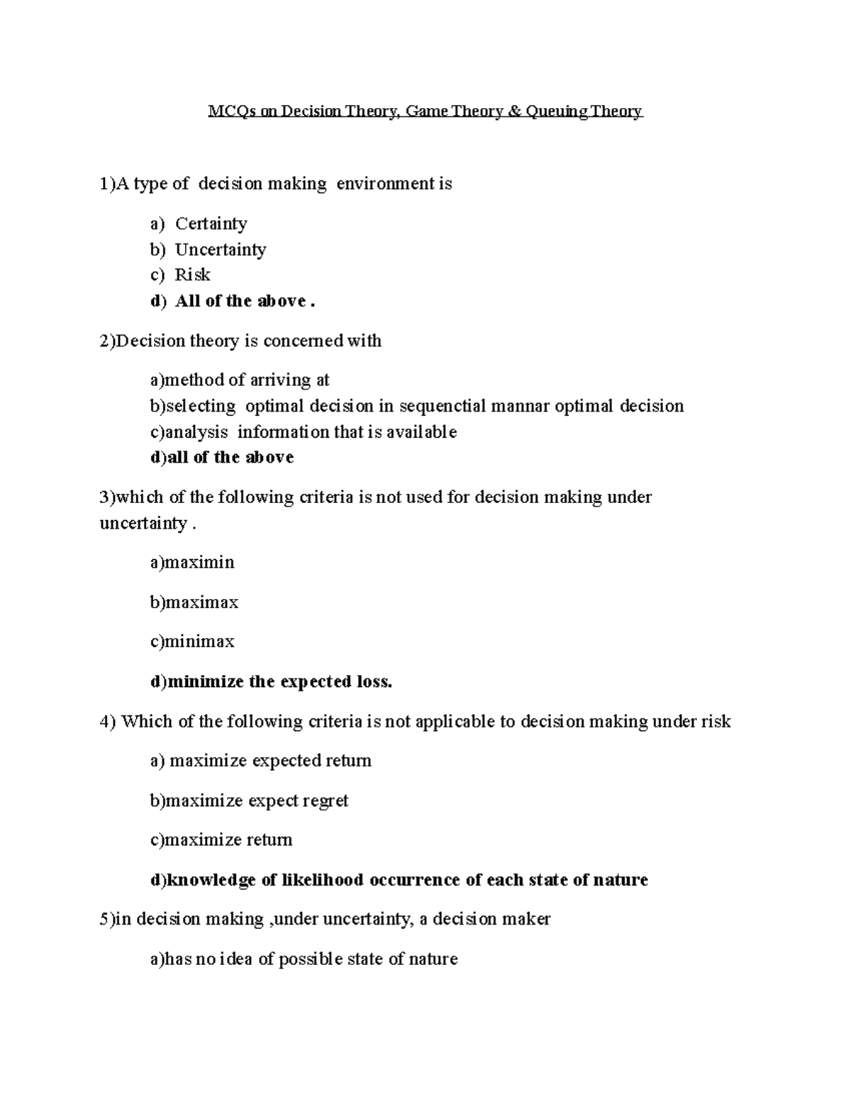 MBA Decision science MCQs 3 for 2021-22 - MCQs on Decision Theory, Game ...