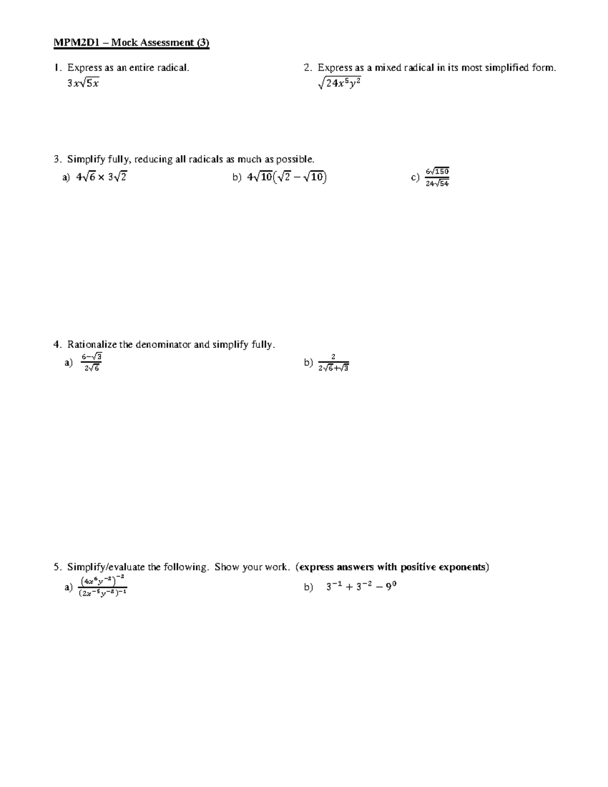 Mock Assessment - Some practice materials. - MPM2D1 – Mock Assessment ...