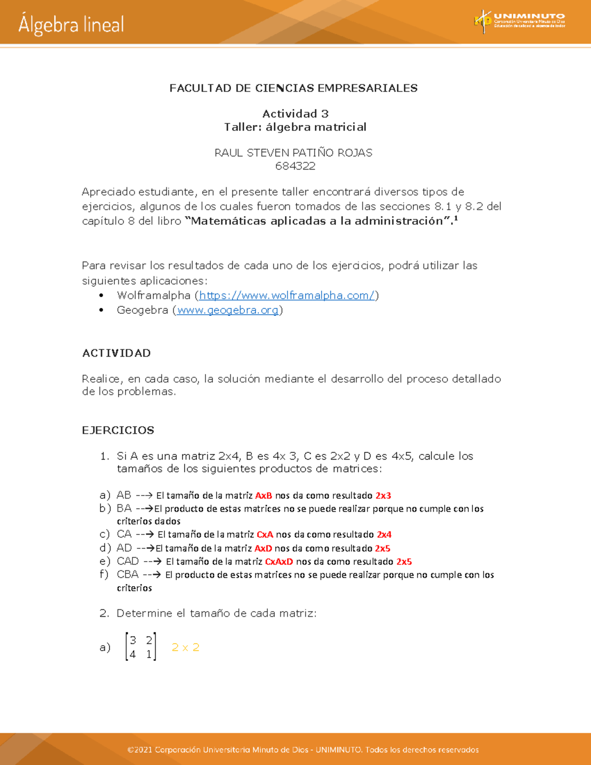 Taller Algebra Lineal RAUL - algebra lineal - Uniminuto - Studocu