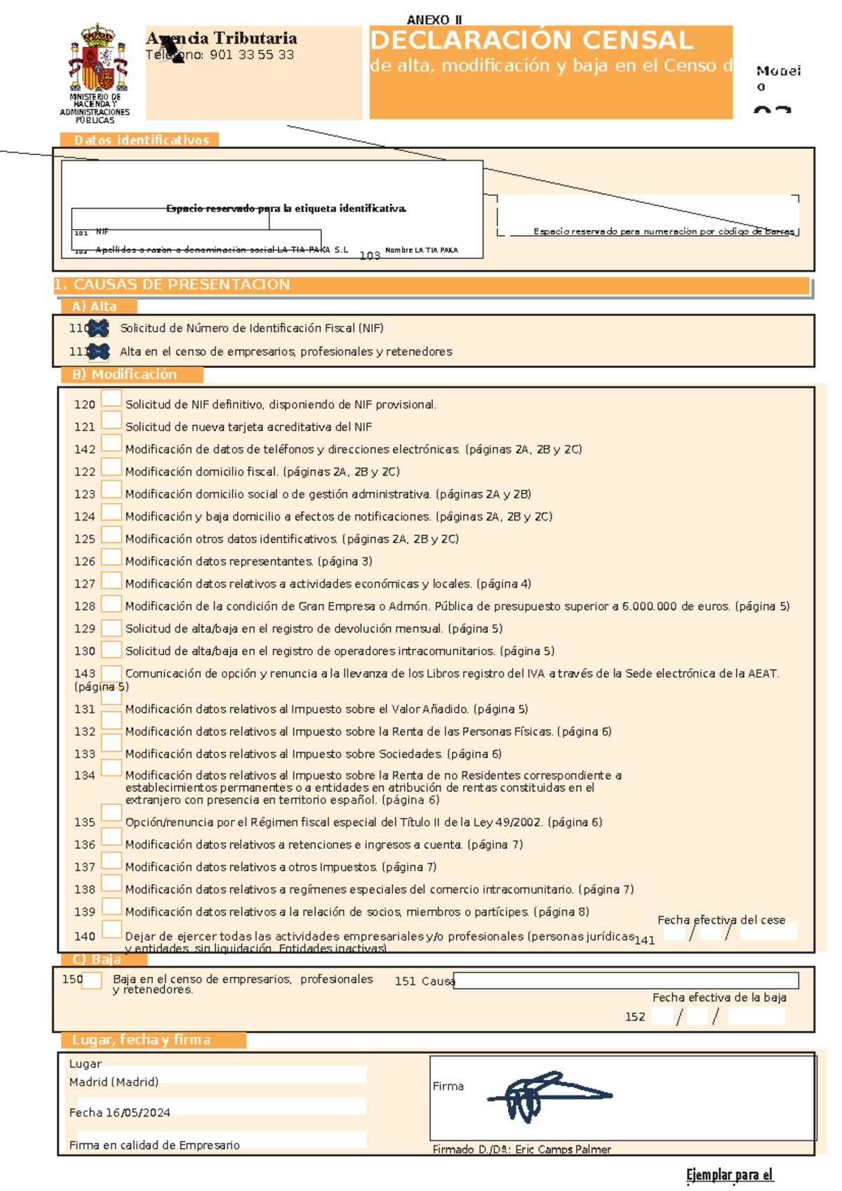 Anexo II - Modelo 036 - Model o 03 Ejemplar para el Agencia Tributaria ...