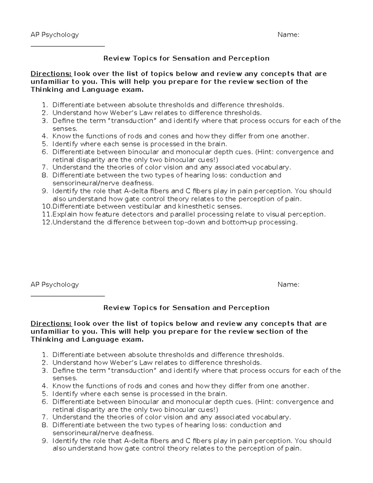 Review Topics for Sensation and Perception - AP Psychology Name: Review ...