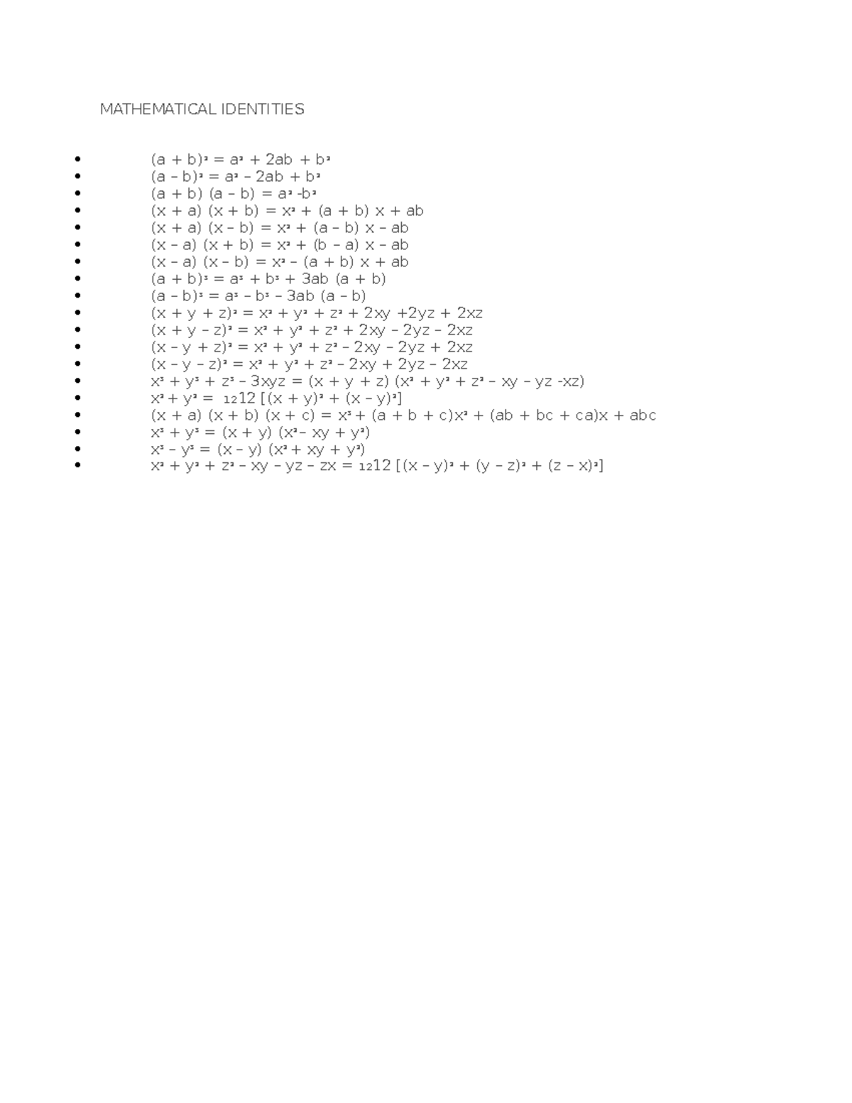 Mathematical Identities - MATHEMATICAL IDENTITIES (a + b) 2 = a 2 + 2ab ...