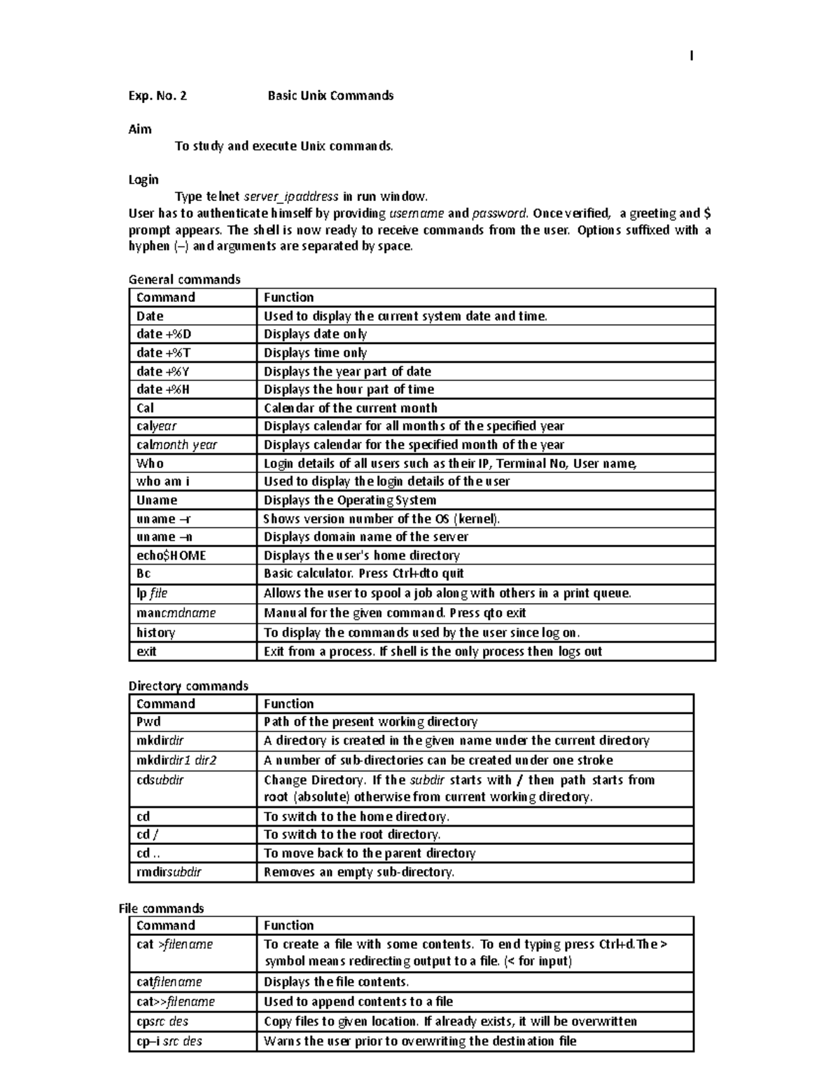 CS3561-OSRecord - Operating system - Exp. No. 2 Basic Unix Commands Aim To study and execute ...