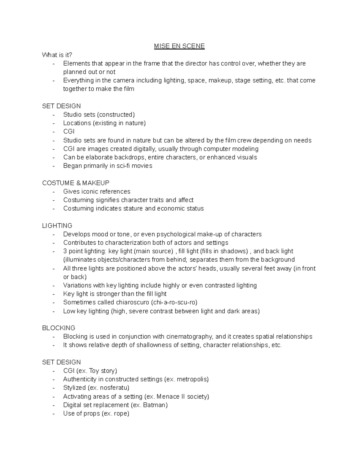 Mise En Scene Notes - MISE EN SCENE What is it? - Elements that appear ...