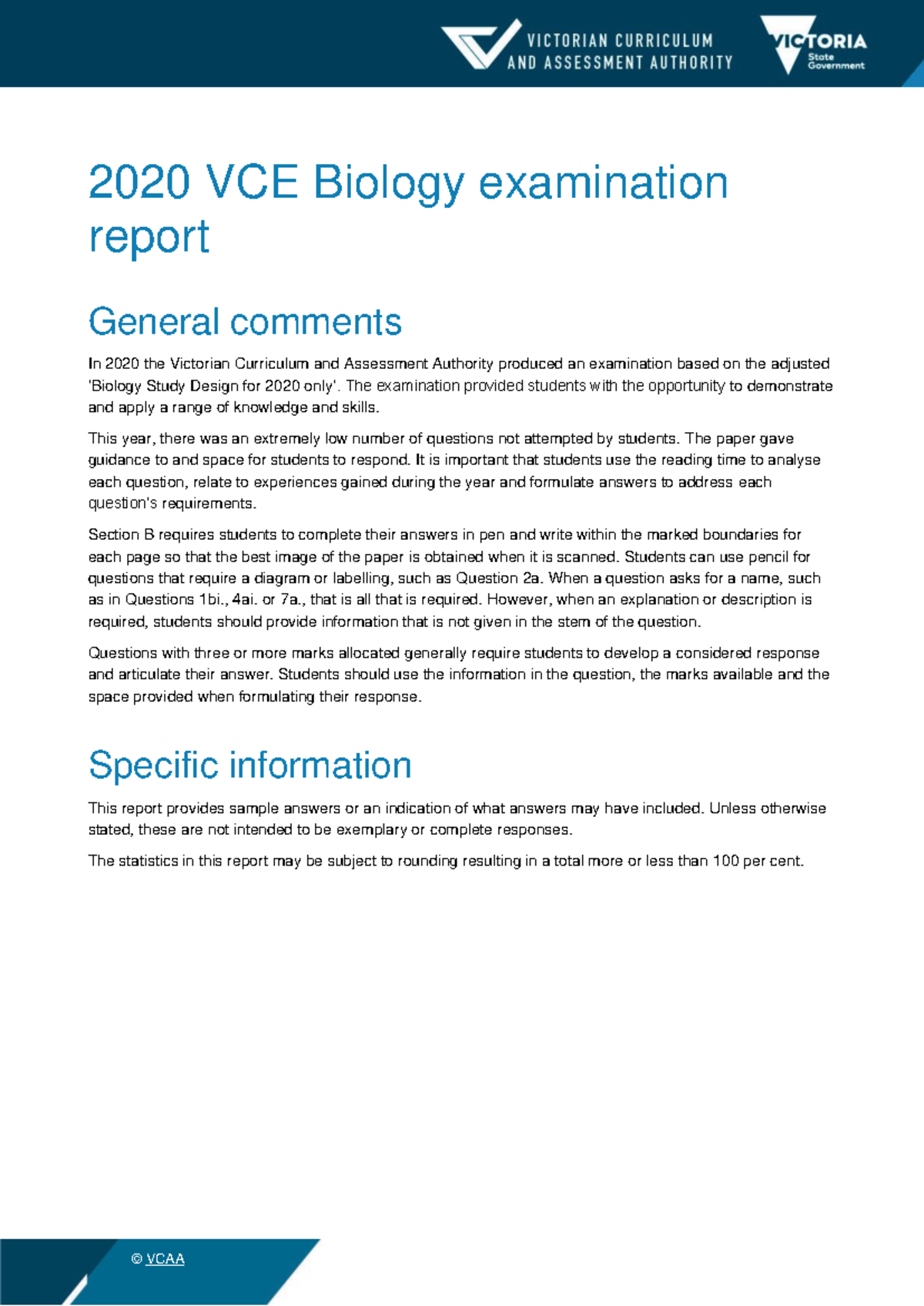 2020VCEBiology-exam-report - © VCAA 2020 VCE Biology examination report ...