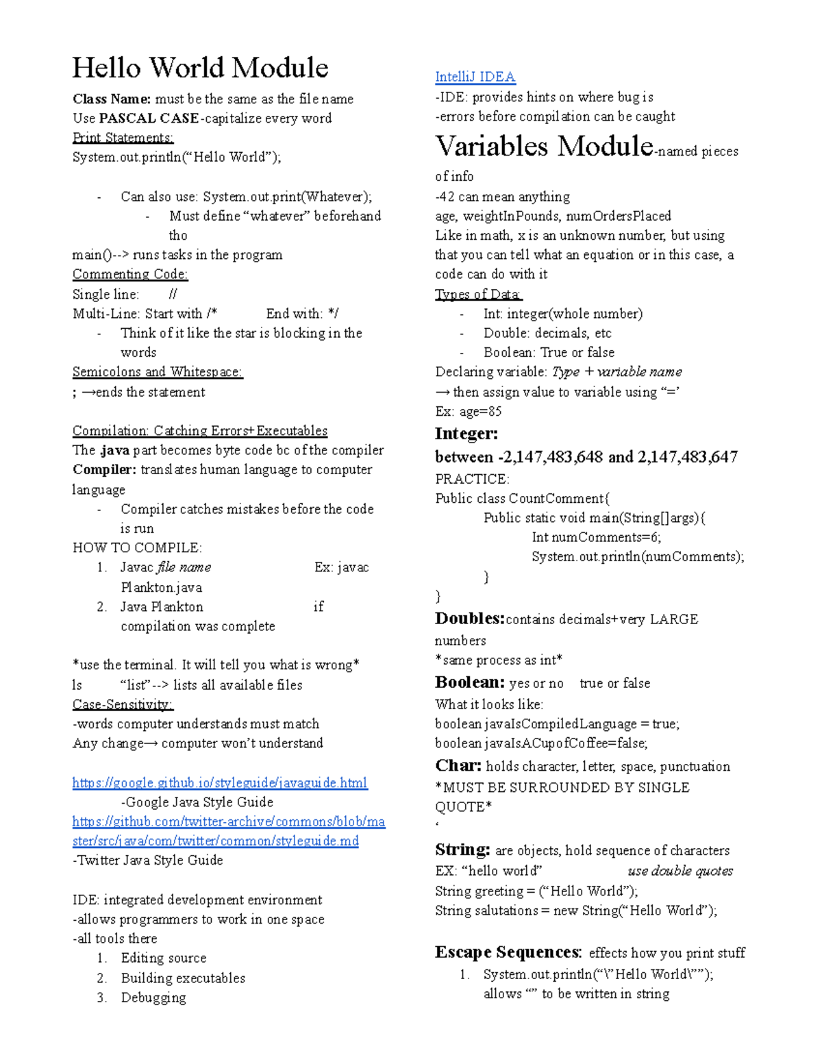 Code Academy Notes Up To Scoping In Java Methods Hello World Module Class Name Must Be The