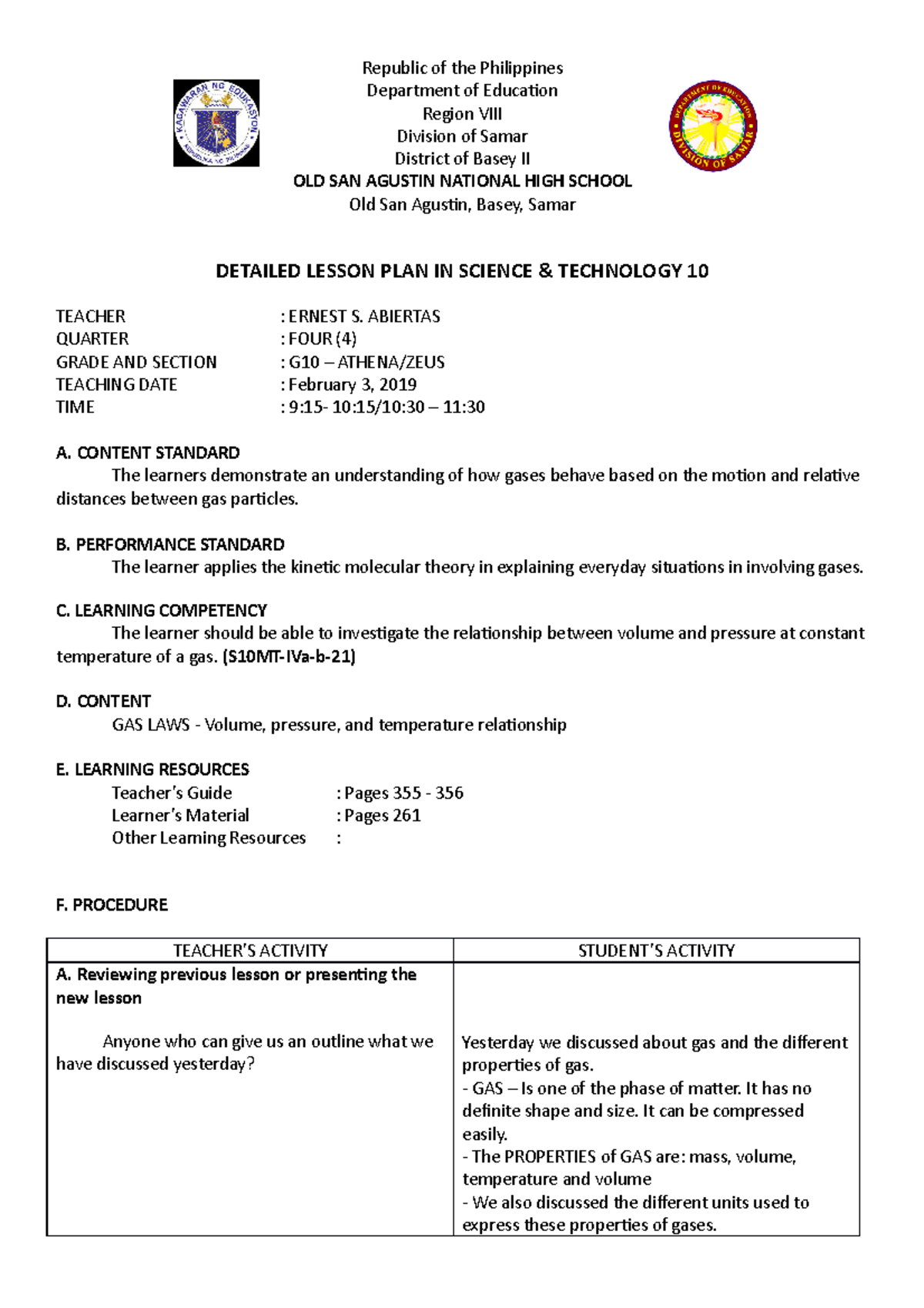Detailed Lesson Plan Getting to know gases - Republic of the ...