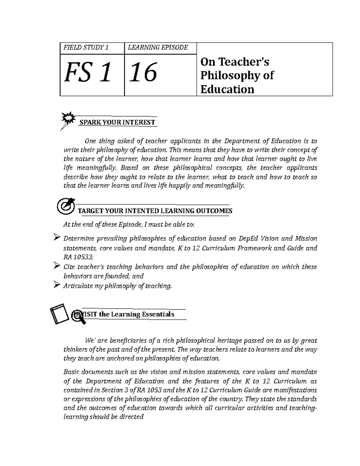 Episode 16 - wow - FIELD STUDY 1 LEARNING EPISODE FS 1 16 On Teacher’s ...