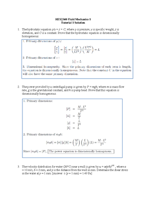 Tutorial 3 Solutions - tut sol - HES2340 Fluid Mechanics 1 Tutorial 3 ...