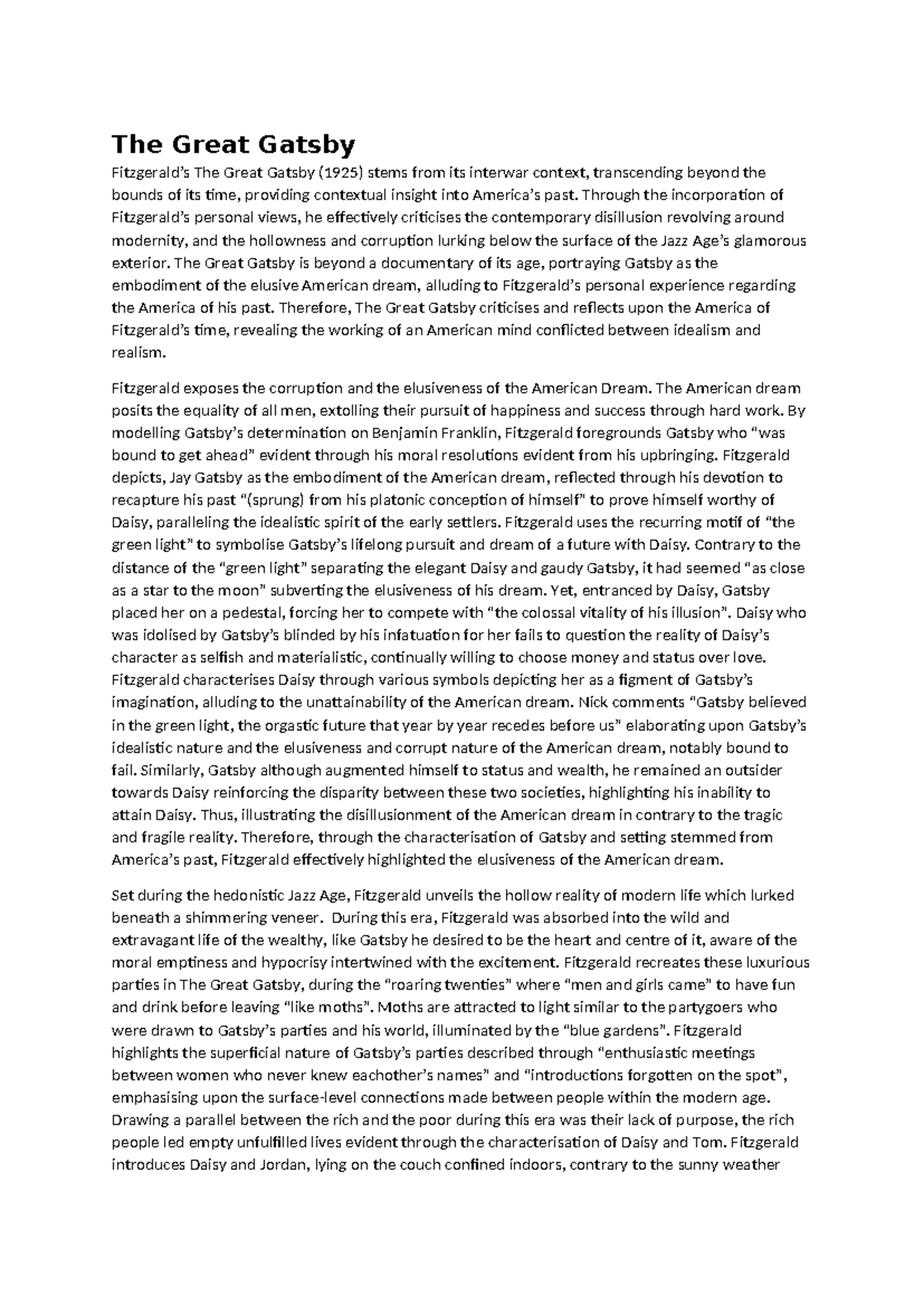 Gatsby essay draft 2 - The Great Gatsby Fitzgerald’s The Great Gatsby ...