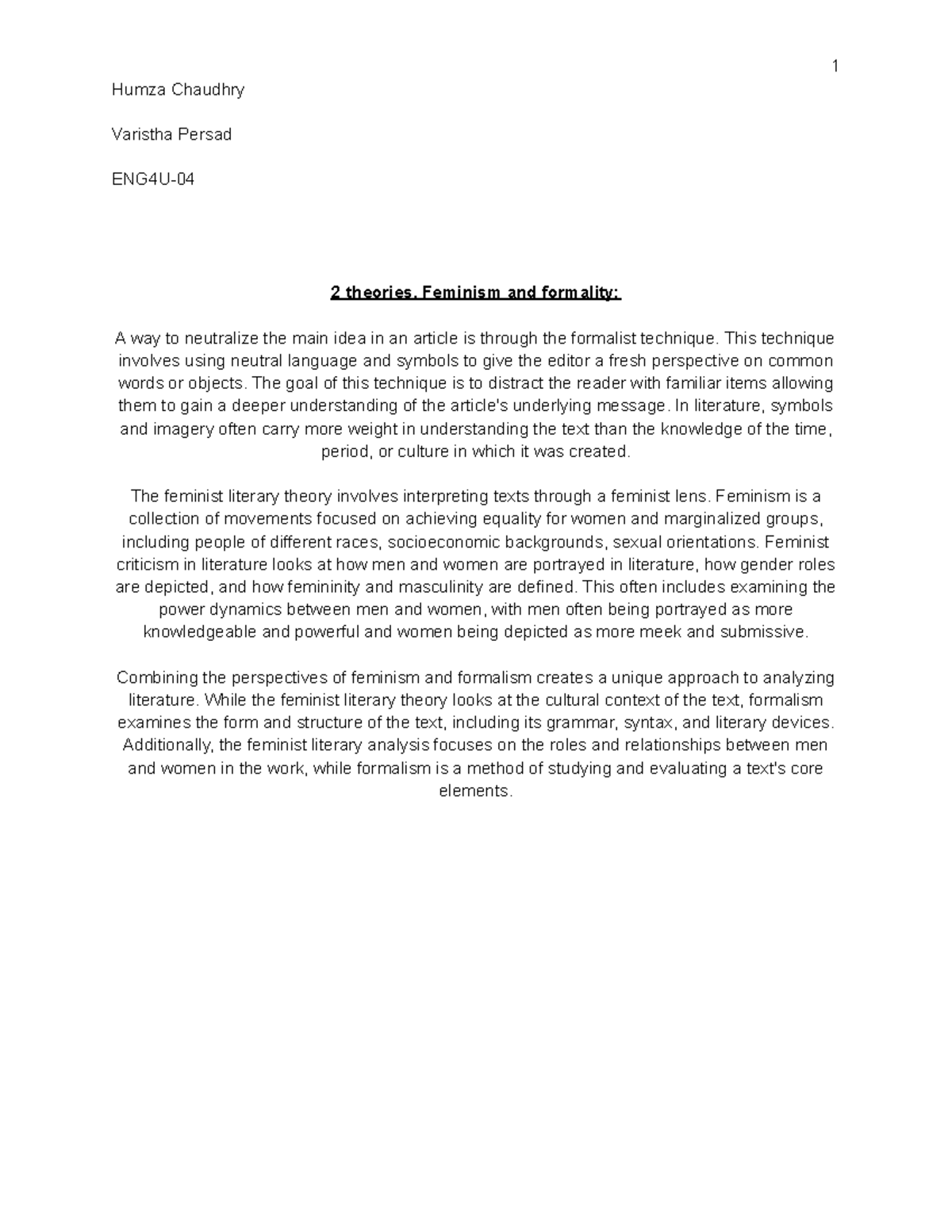 U1L1 literary theory - OVS - 1 Humza Chaudhry Varistha Persad ENG4U- 2 ...