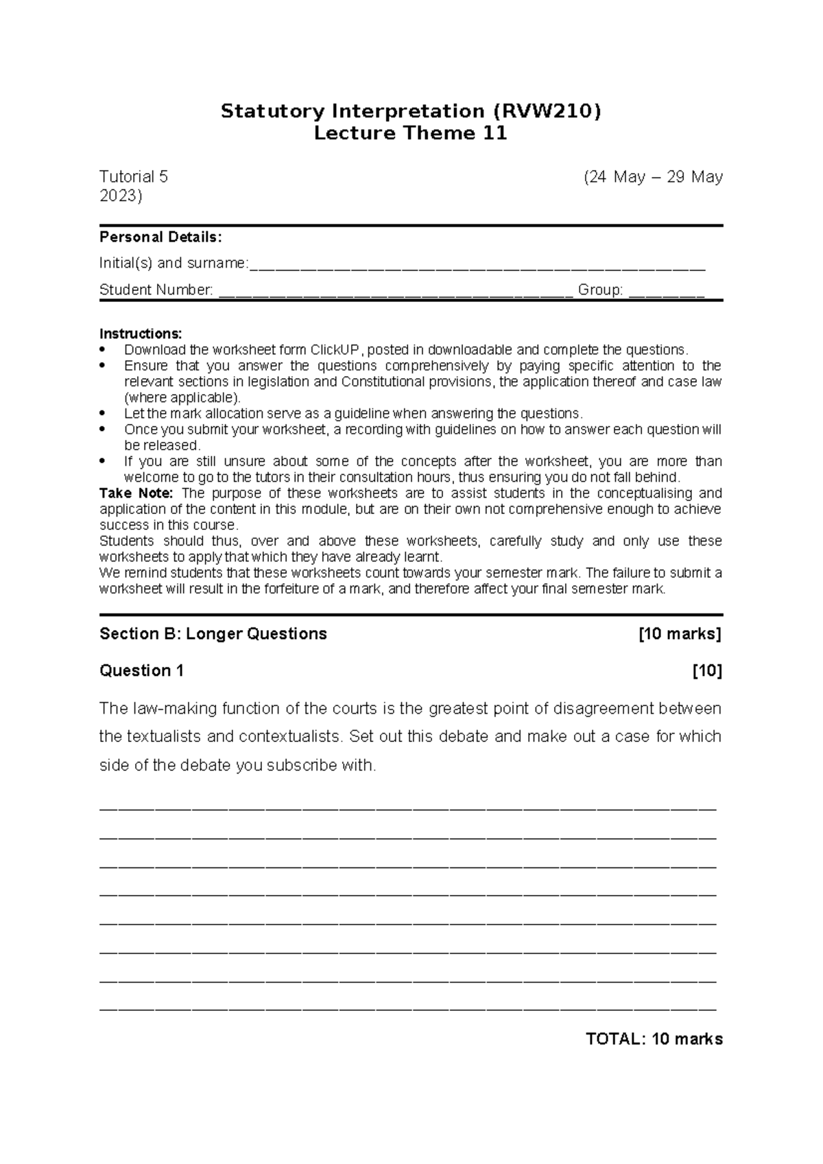 Tutorial 5 RVW 210 2023 - tut 5 for rvw - Statutory Interpretation ...