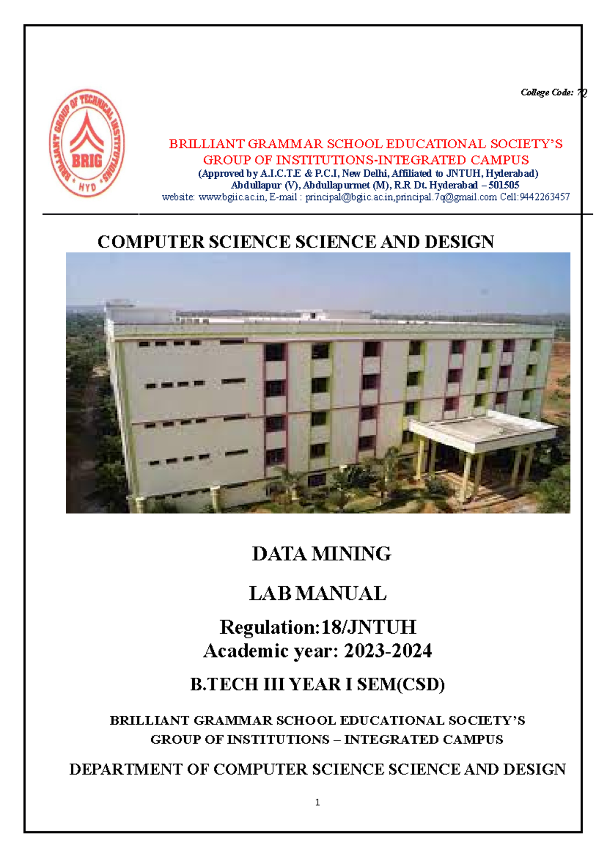 Data minig lab manual - College Code: 7Q BRILLIANT GRAMMAR SCHOOL ...