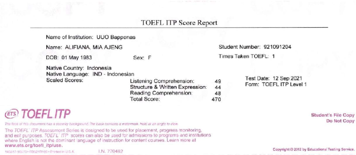 Toefl - Hjallerup Skole - Hjallerup - TOEFL ITP Score Report Name of ...
