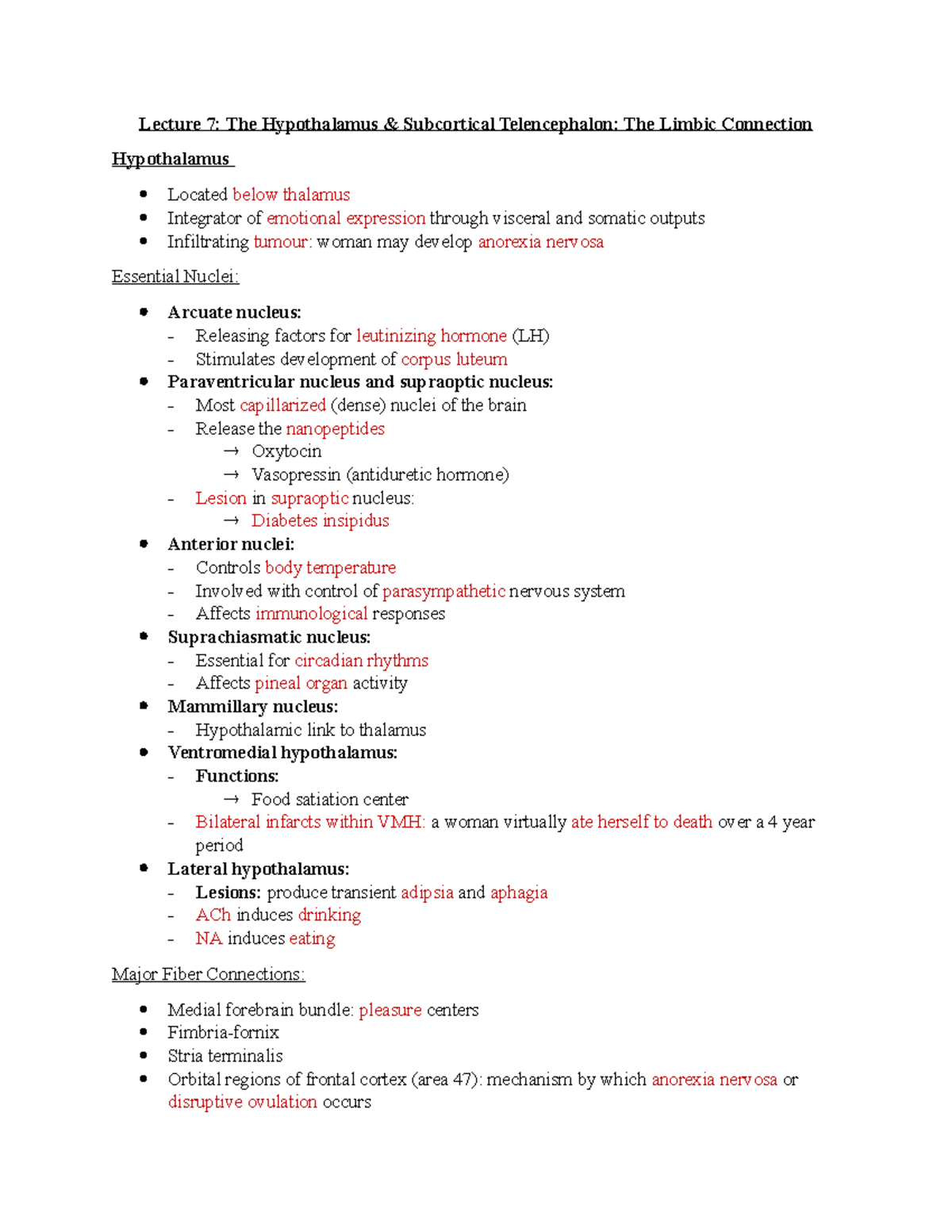 Lecture 7 Notes - Lecture 7: The Hypothalamus & Subcortical ...