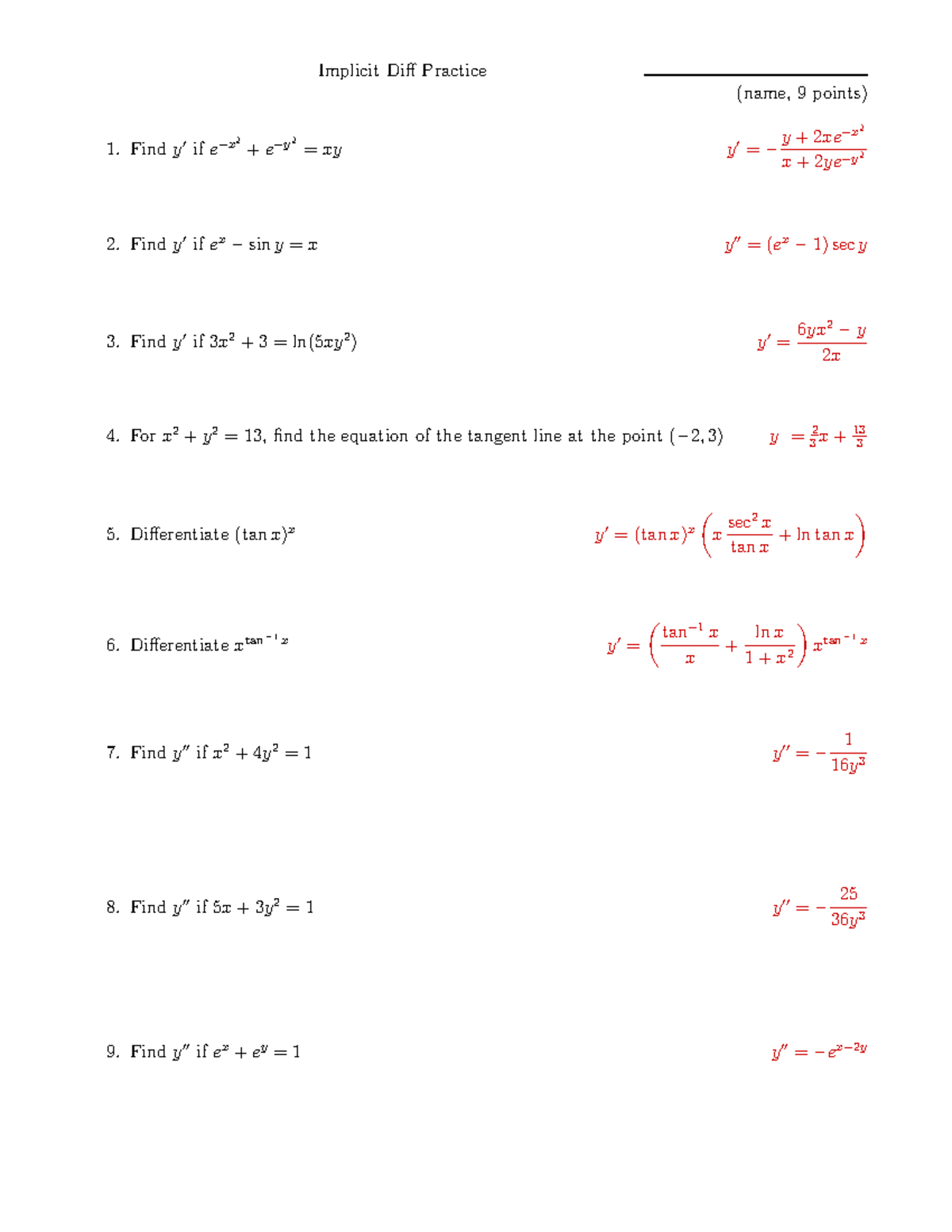 MATH 30 Practice 9 - Math 251 Implicit Diff Practice Calculus I (name ...
