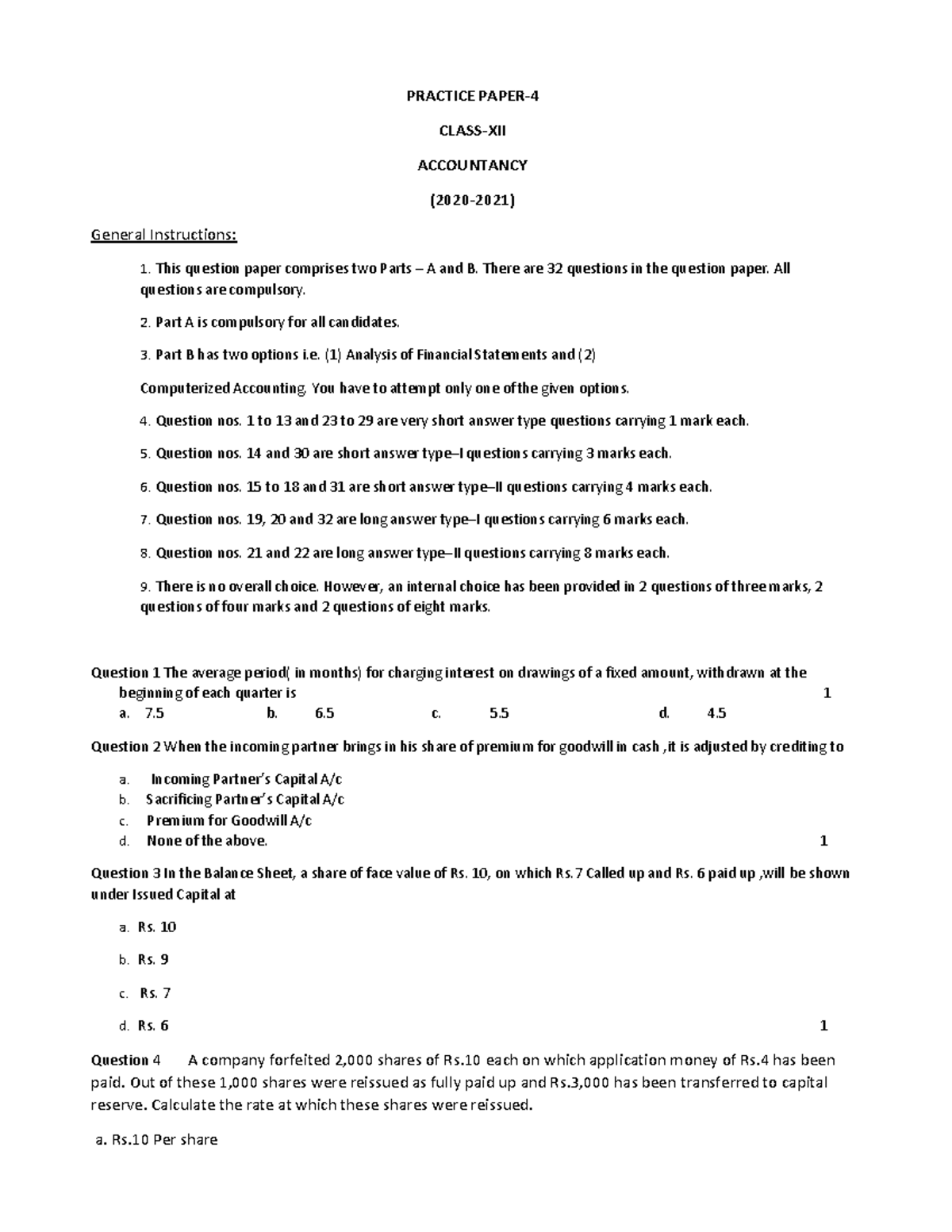 12 Accounts 2020 21 Practice Paper 4 - PRACTICE PAPER- CLASS-XII ...