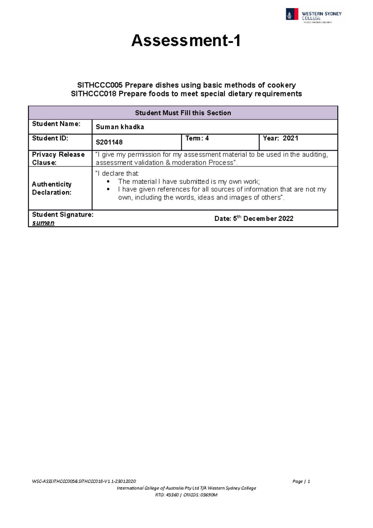 Sithccc 005 Sithccc 018 Assessment Task 1 - Assessment- EET DIETARY ...