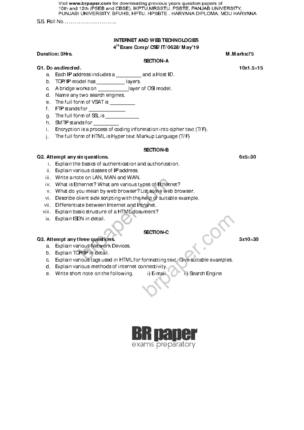 IWT(4th)May19 - Question paper - S. Roll No......................................... INTERNET ...