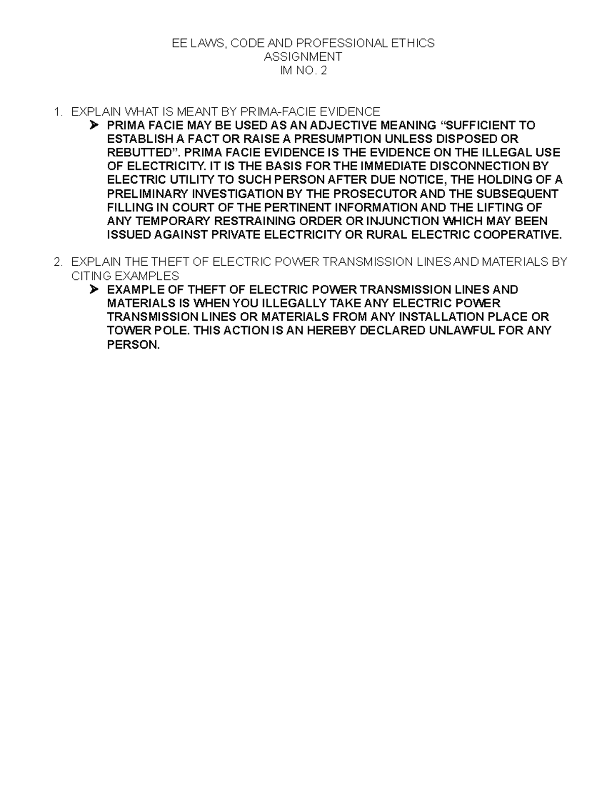 EE LAWS,CODE AND Ethics Assignment IM NO. 2 - EE LAWS, CODE AND ...