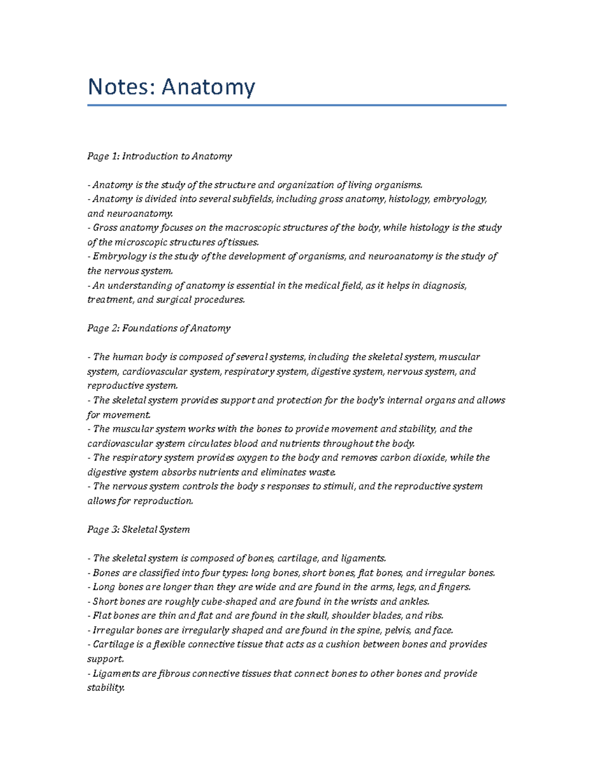 Anatomy Lecture Notes - Notes: Anatomy Page 1: Introduction to Anatomy ...