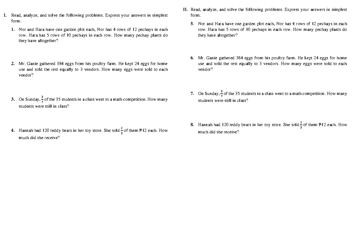 Word Problem Set - I. Read, analyze, and solve the following problems ...