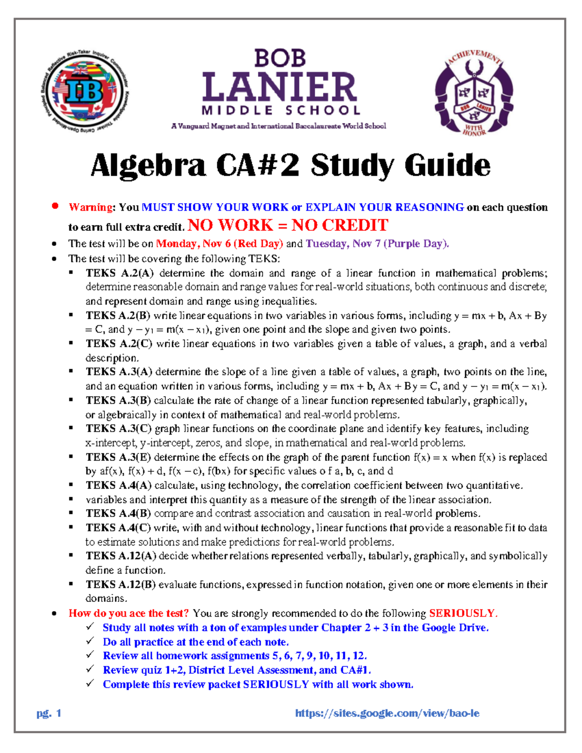 CA2 Study Guide-2 - math - Algebra CA# 2 Study Guide Warning: You MUST ...