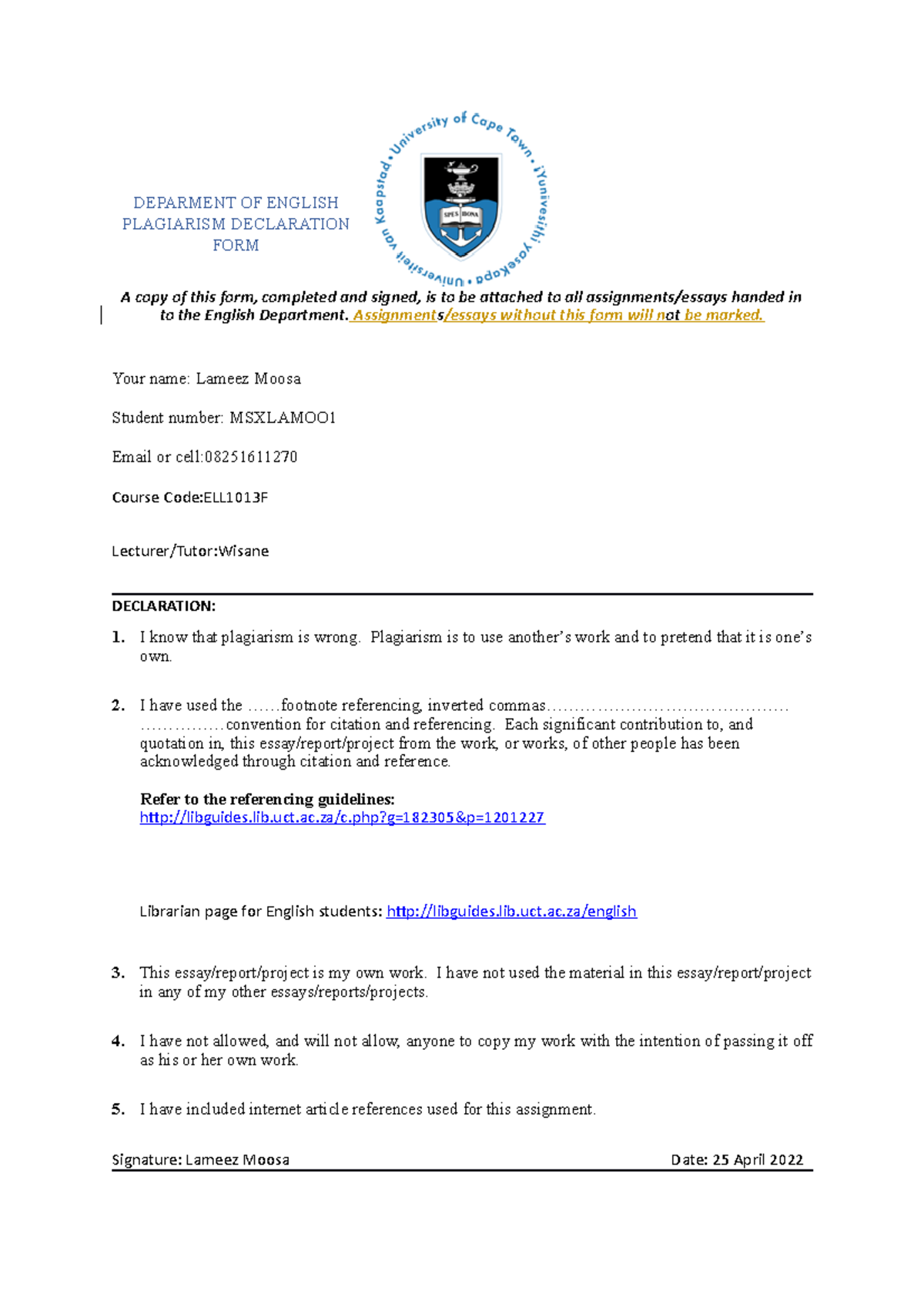 Water - DEPARMENT OF ENGLISH PLAGIARISM DECLARATION FORM A copy of this ...