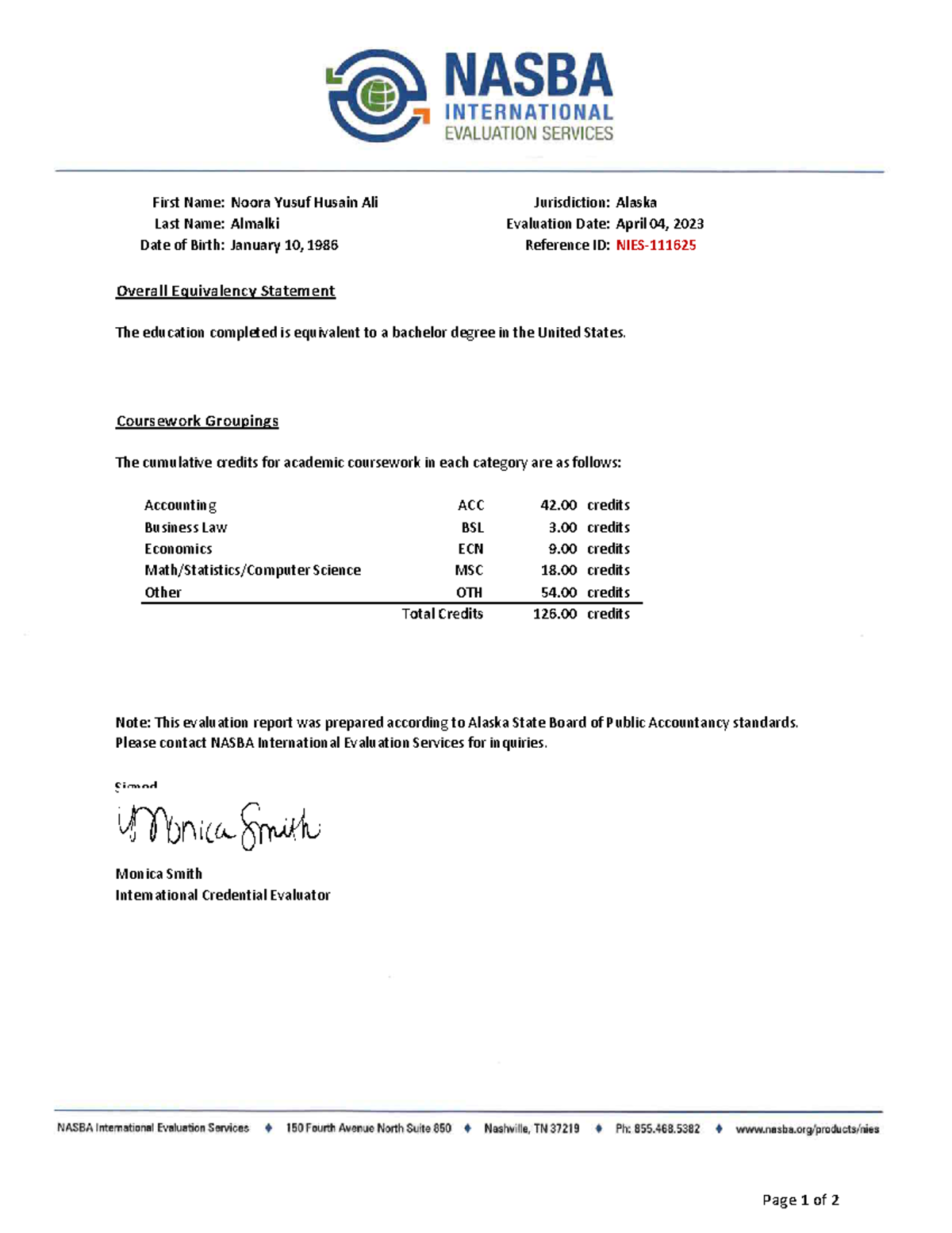 Almalki, Noora Yusuf-AK-Evaluation Report - Other Alaska April 04, 2023 NIES‐ 111625 Overall ...