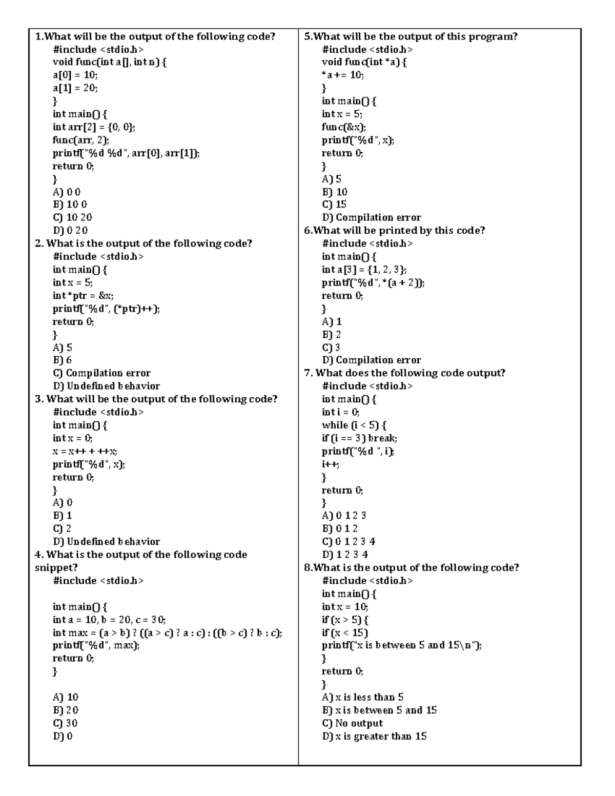 C Programming Mcq Question Paper Oct 21 1 Will Be The Output Of The