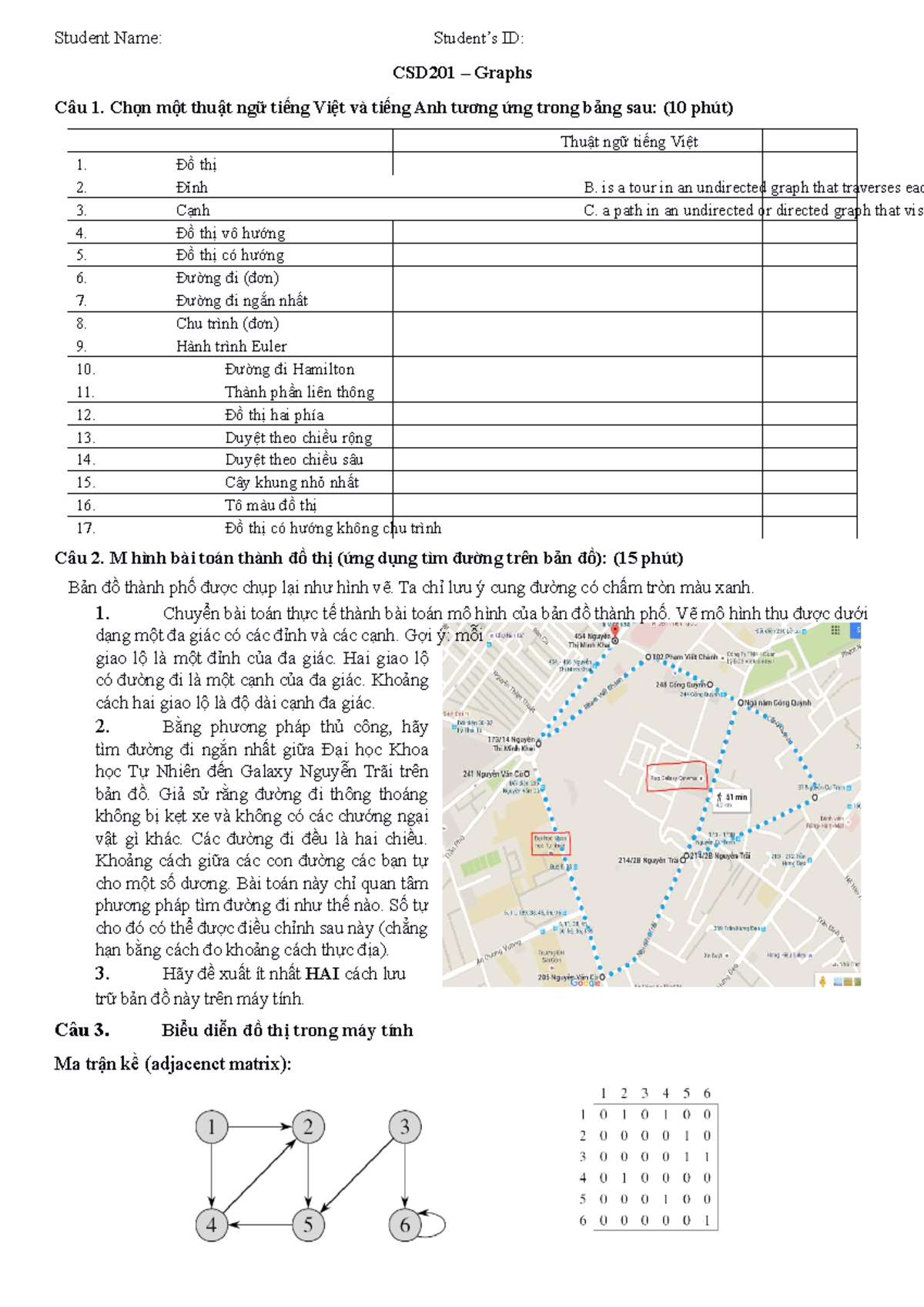 CSD201 Graphs - wer - Student Name: Student’s ID: CSD201 – Graphs Câu 1 ...