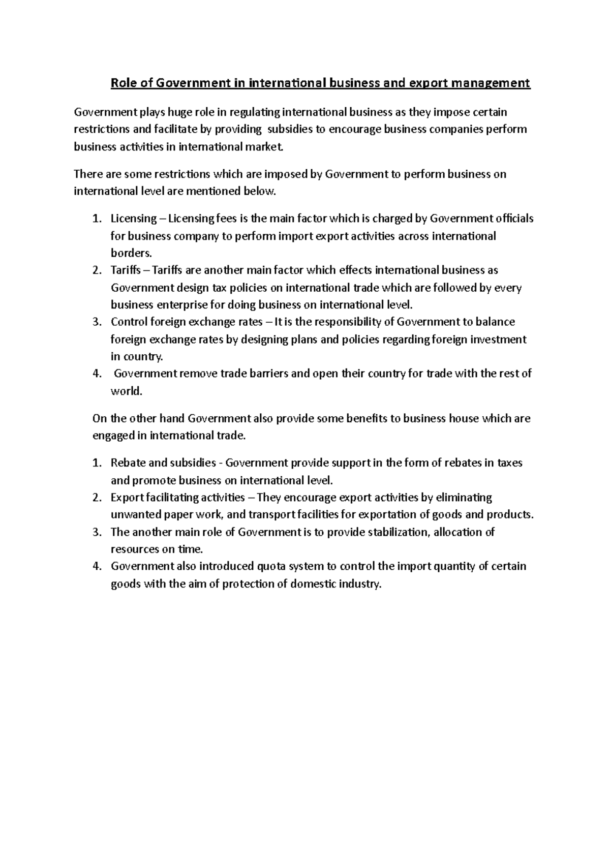 Role of Government in international business and export management ...