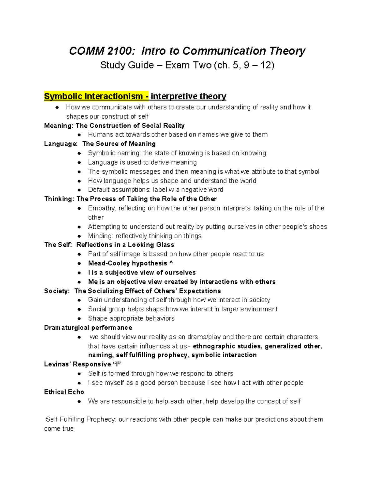 Exam 2: Chapter 5, 9-12 Study Guide - COMM 2100: Intro to Communication Theory Study Guide ...