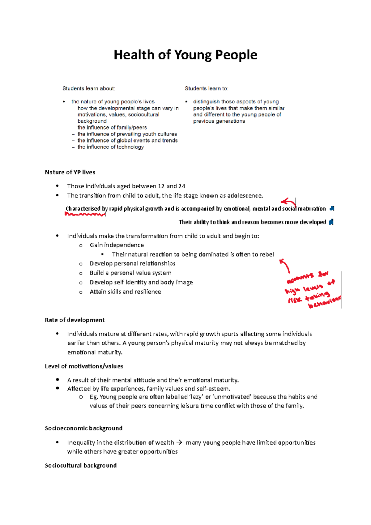 Pdhpe - HOYP HSC (Core 1) - Health of Young People Nature of YP lives ...
