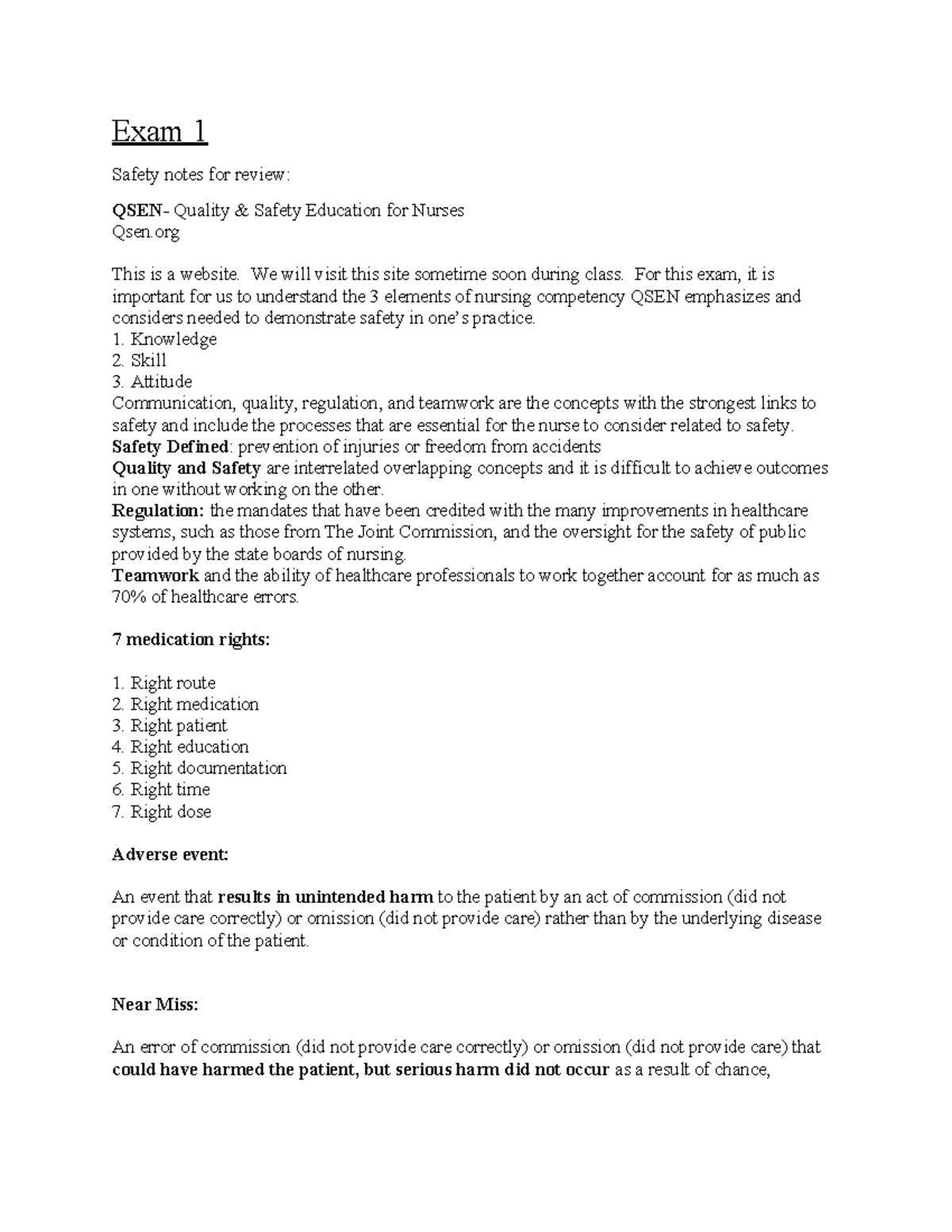 Notes on Safety - Exam 1 Safety notes for review: QSEN- Quality ...