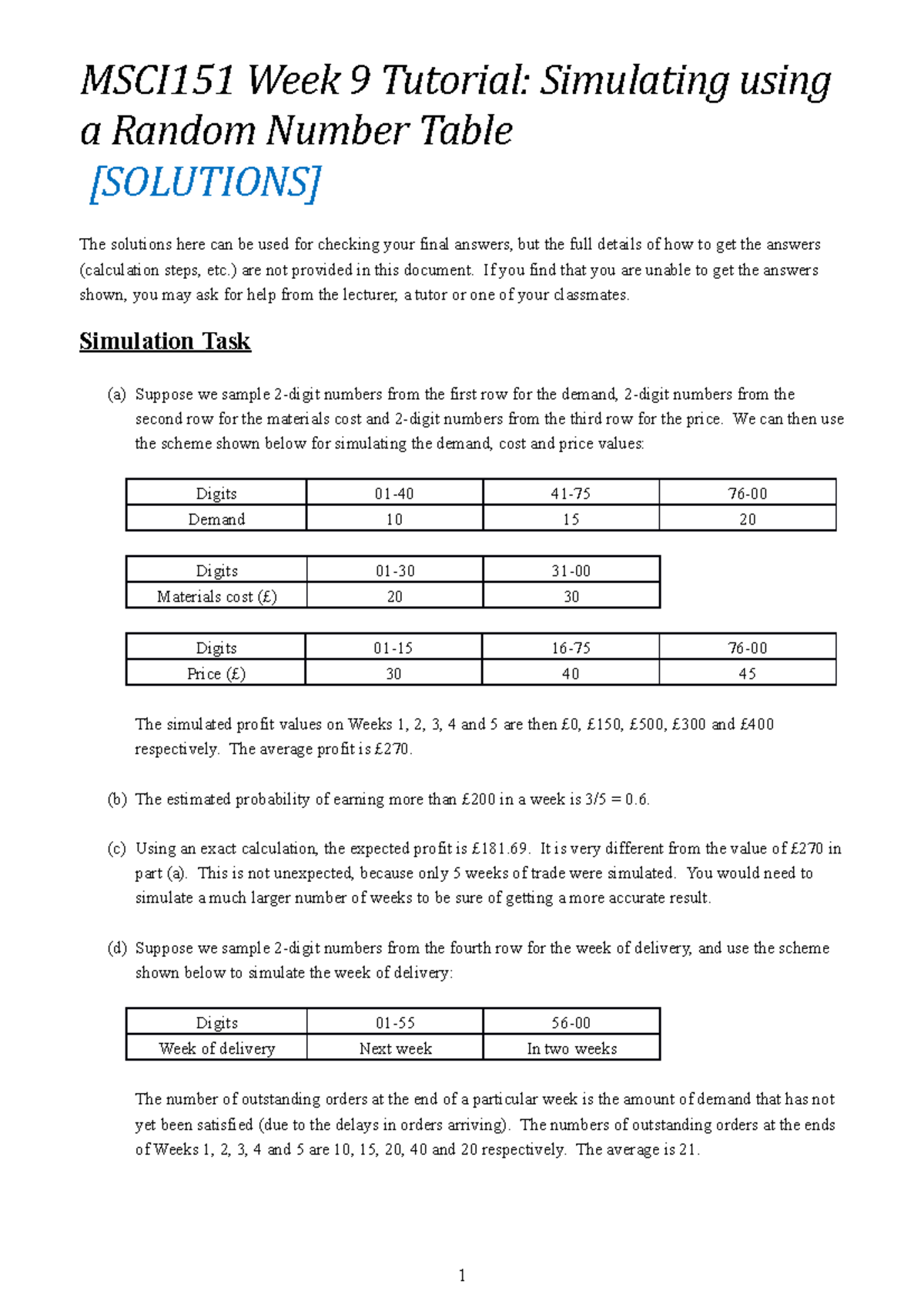 MSCI151 Week 9 Tutorial - Solutions - MSCI151 Week 9 Tutorial ...
