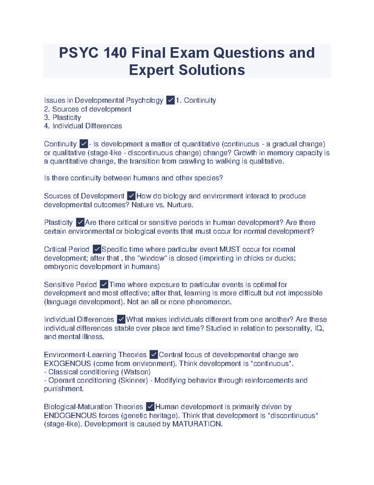 PSYC 140 Final Exam Questions and Expert Solutions - Continuity 2 ...