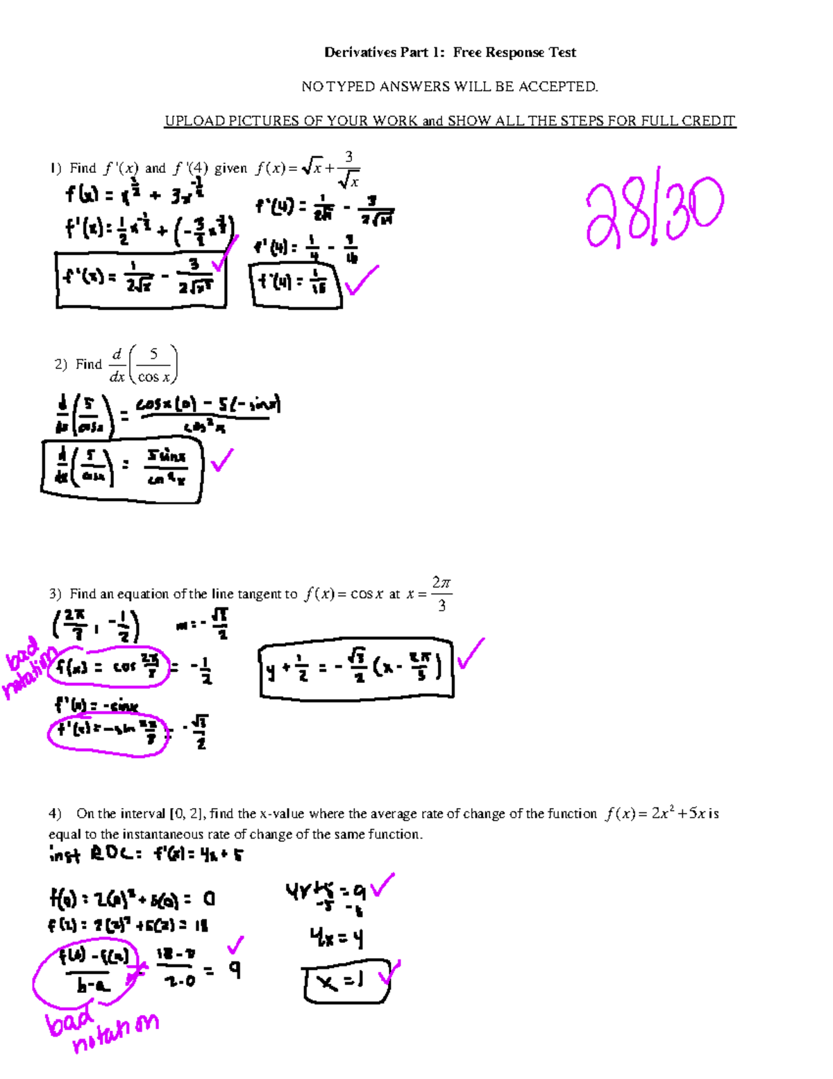 Ch. 2 Test Derivatives Part 1 - Derivatives Part 1: Free Response Test ...