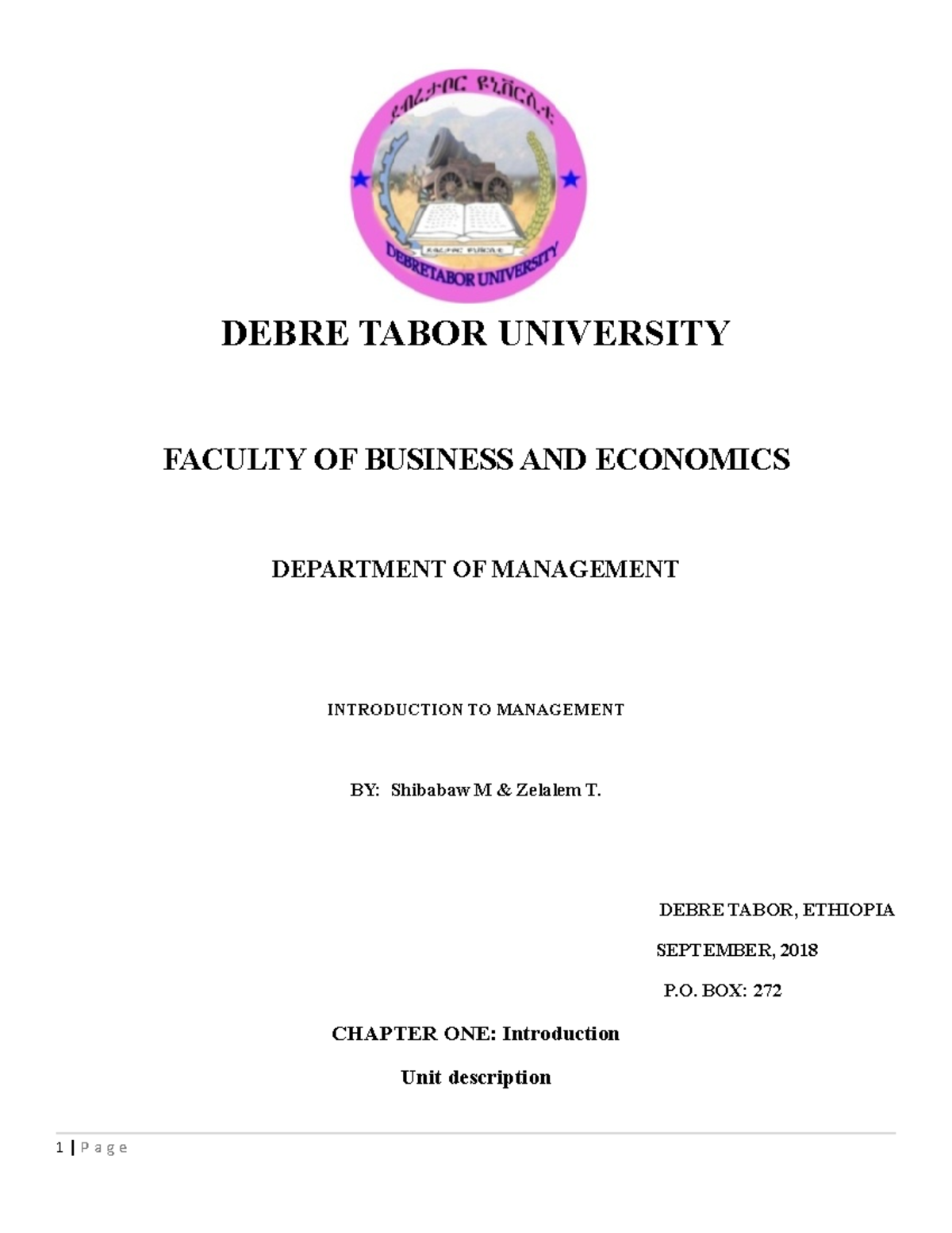 Introduction TO MGMT modules Edited - DEBRE TABOR UNIVERSITY FACULTY OF BUSINESS AND ECONOMICS ...