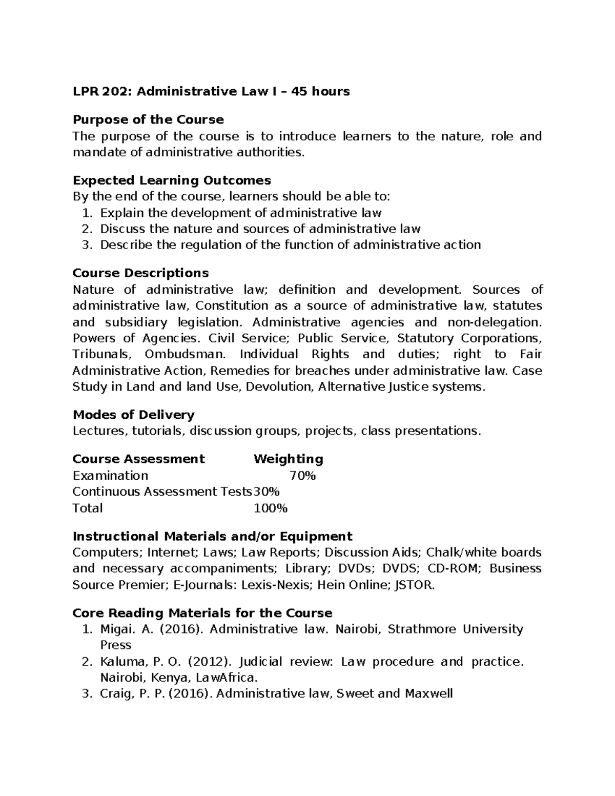 LPR 202 Administrative Law I 45 hours - LPR 202: Administrative Law I ...