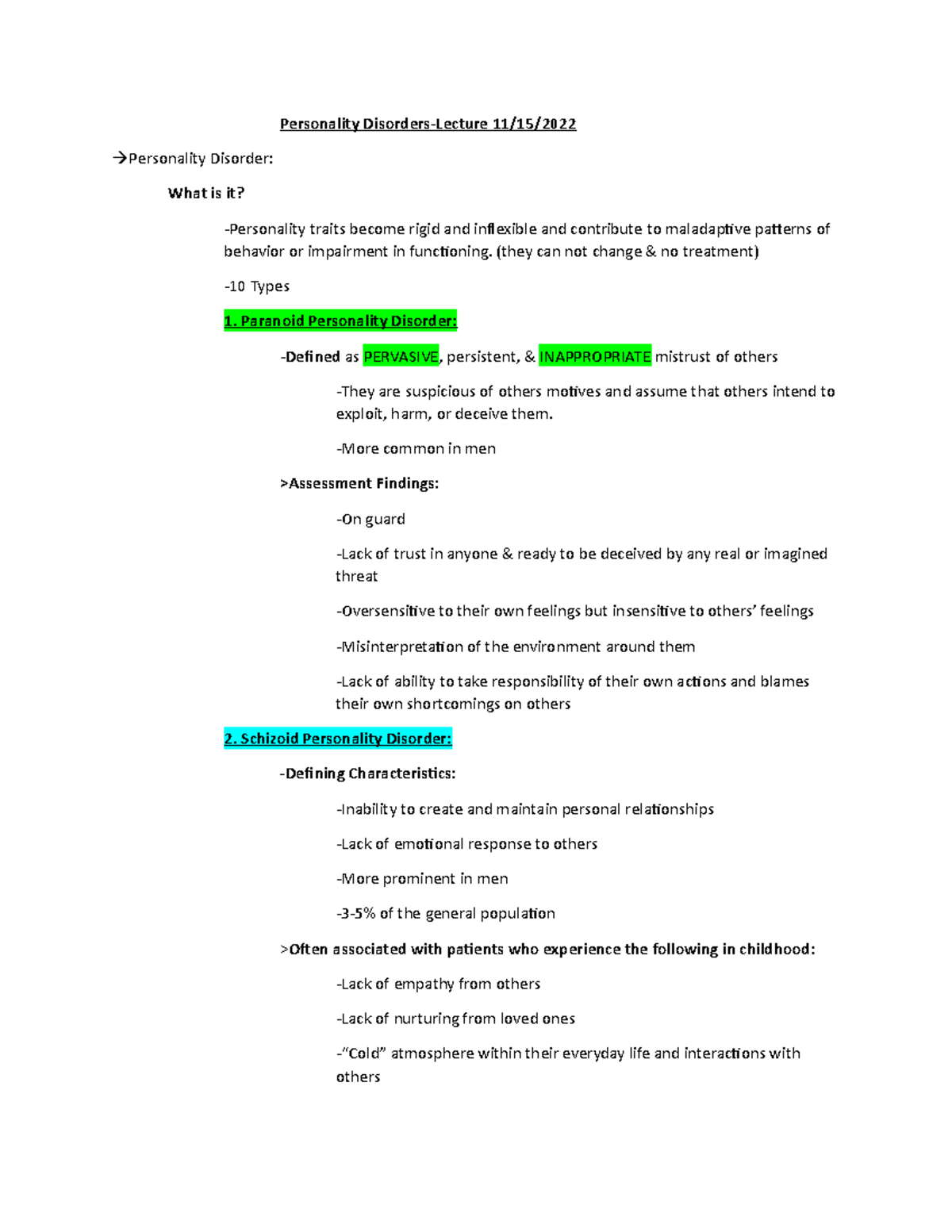 Personality Disorders Lecture 11 - Personality Disorders-Lecture 11/15 ...